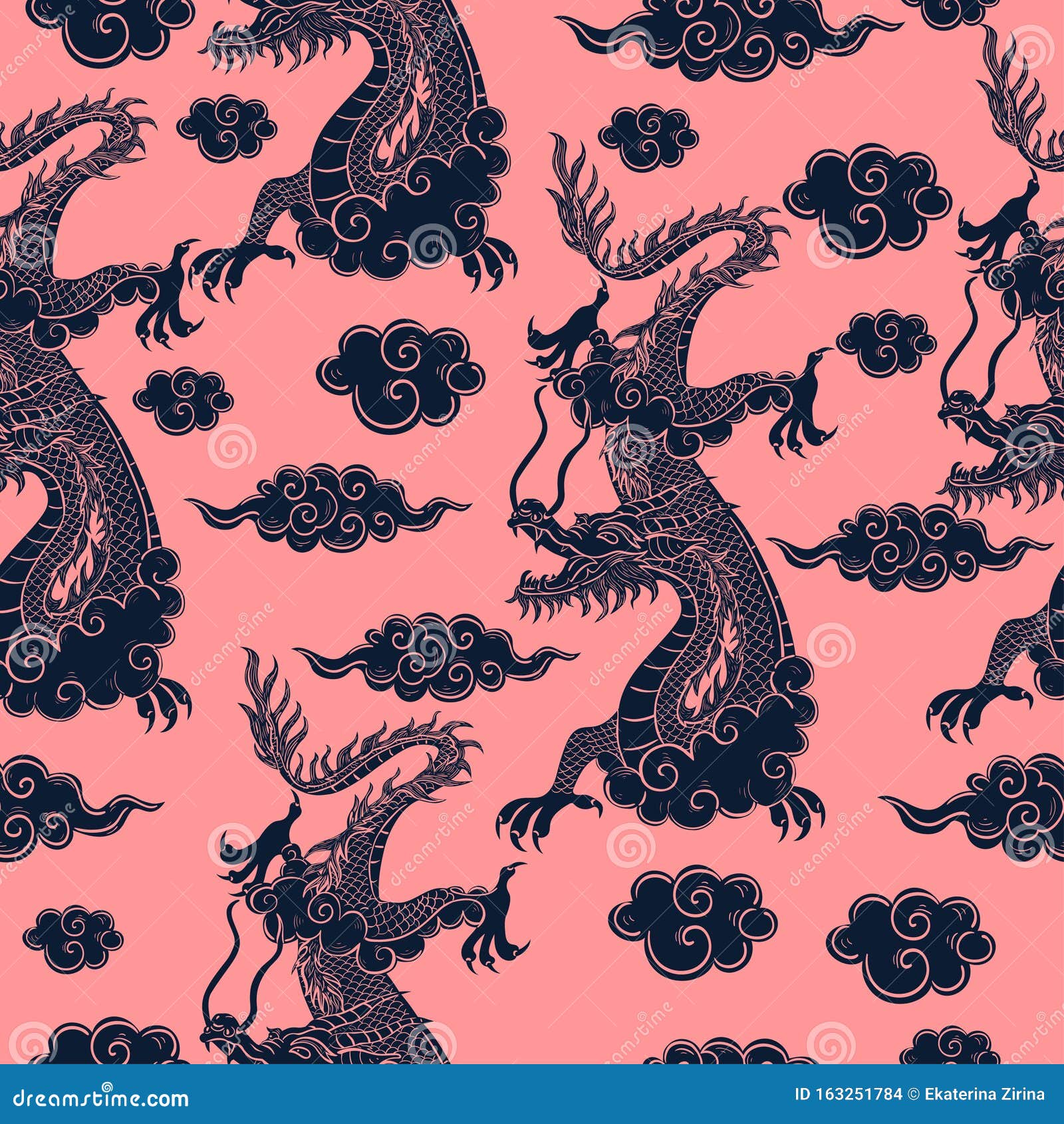 Seamless Pattern with Chinese Dragon in Blue on a Pink Background ...