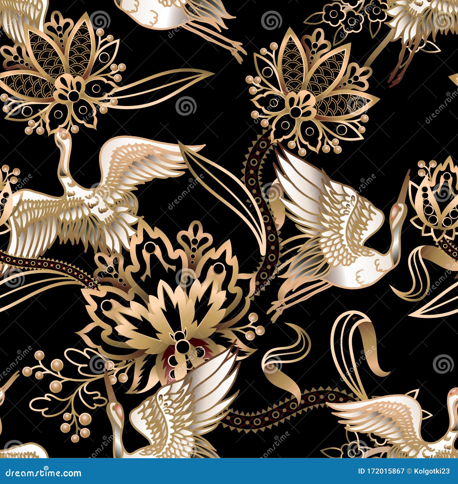 Seamless Pattern with Chinese Gold Cranes and Flowers. Vector. Stock ...