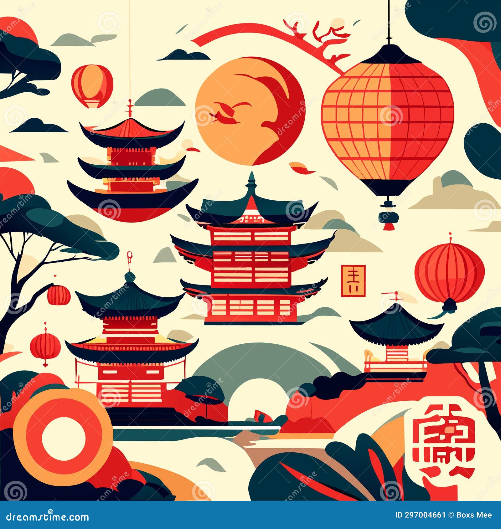 Seamless Pattern with Chinese Temples and Lanterns. Vector Illustration ...