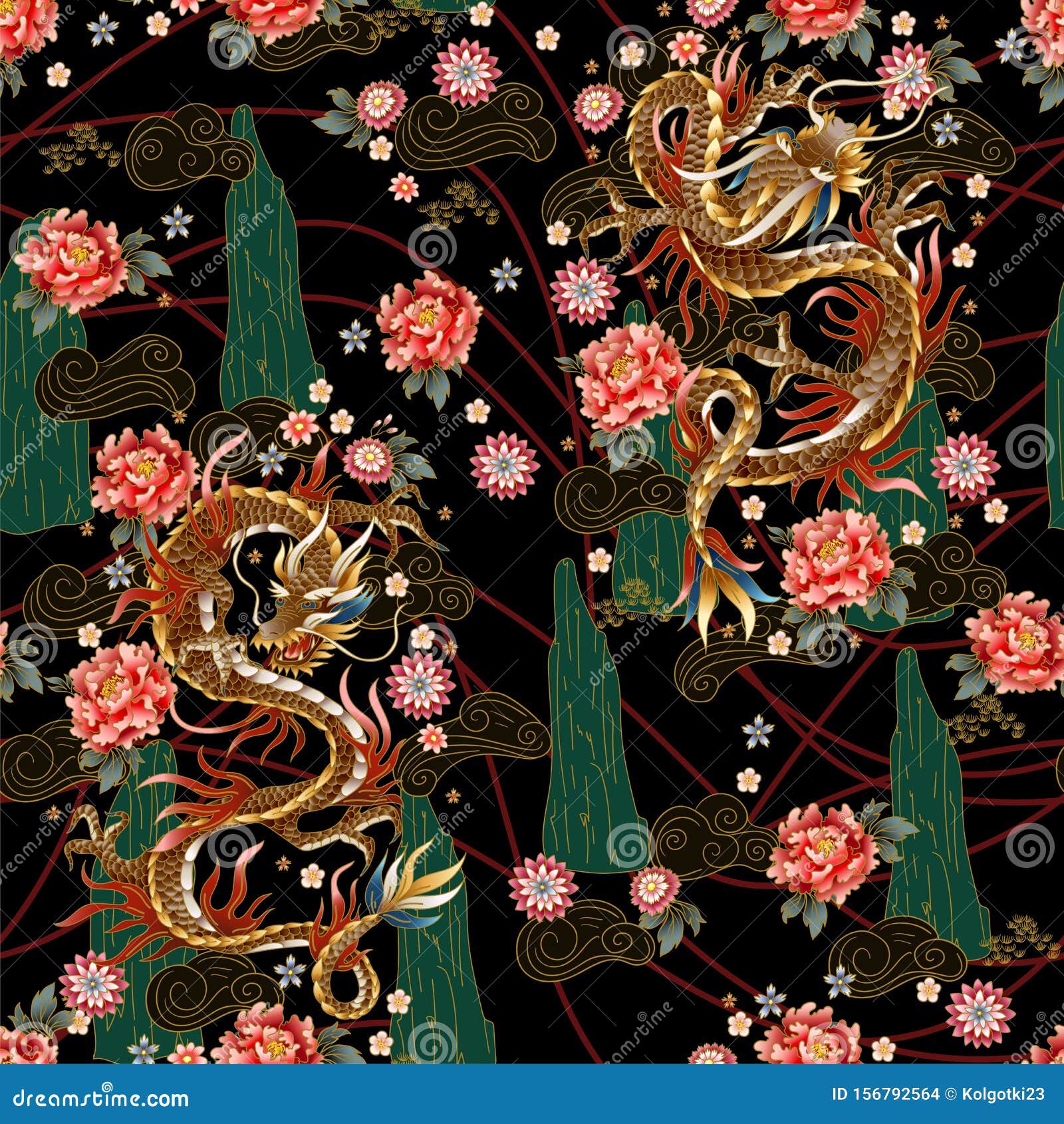 Seamless Pattern with Chinese Traditional Dragon, Peonies and Sakura ...
