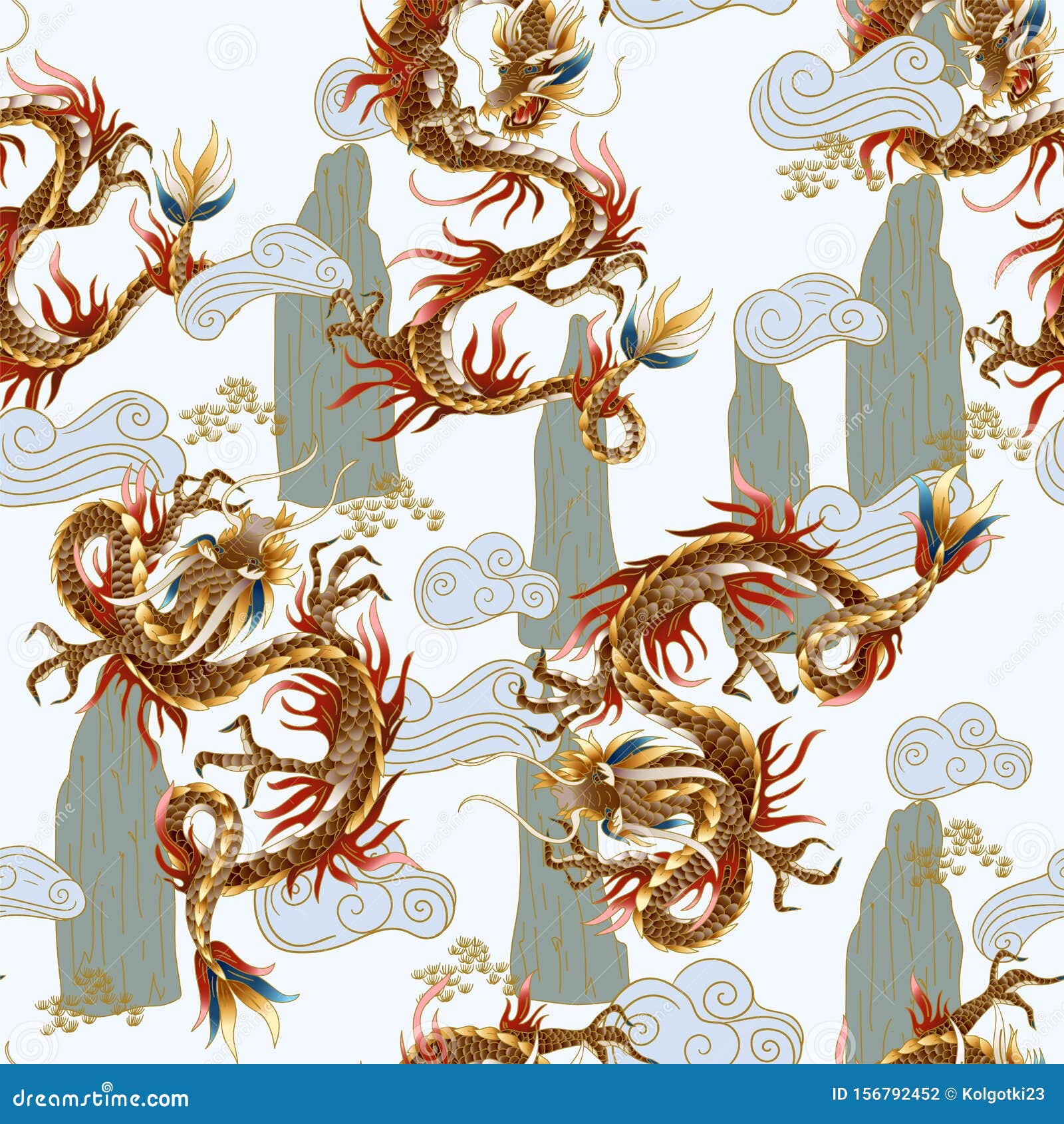 Seamless Pattern with Chinese Traditional Dragon. Vector. Stock Vector ...