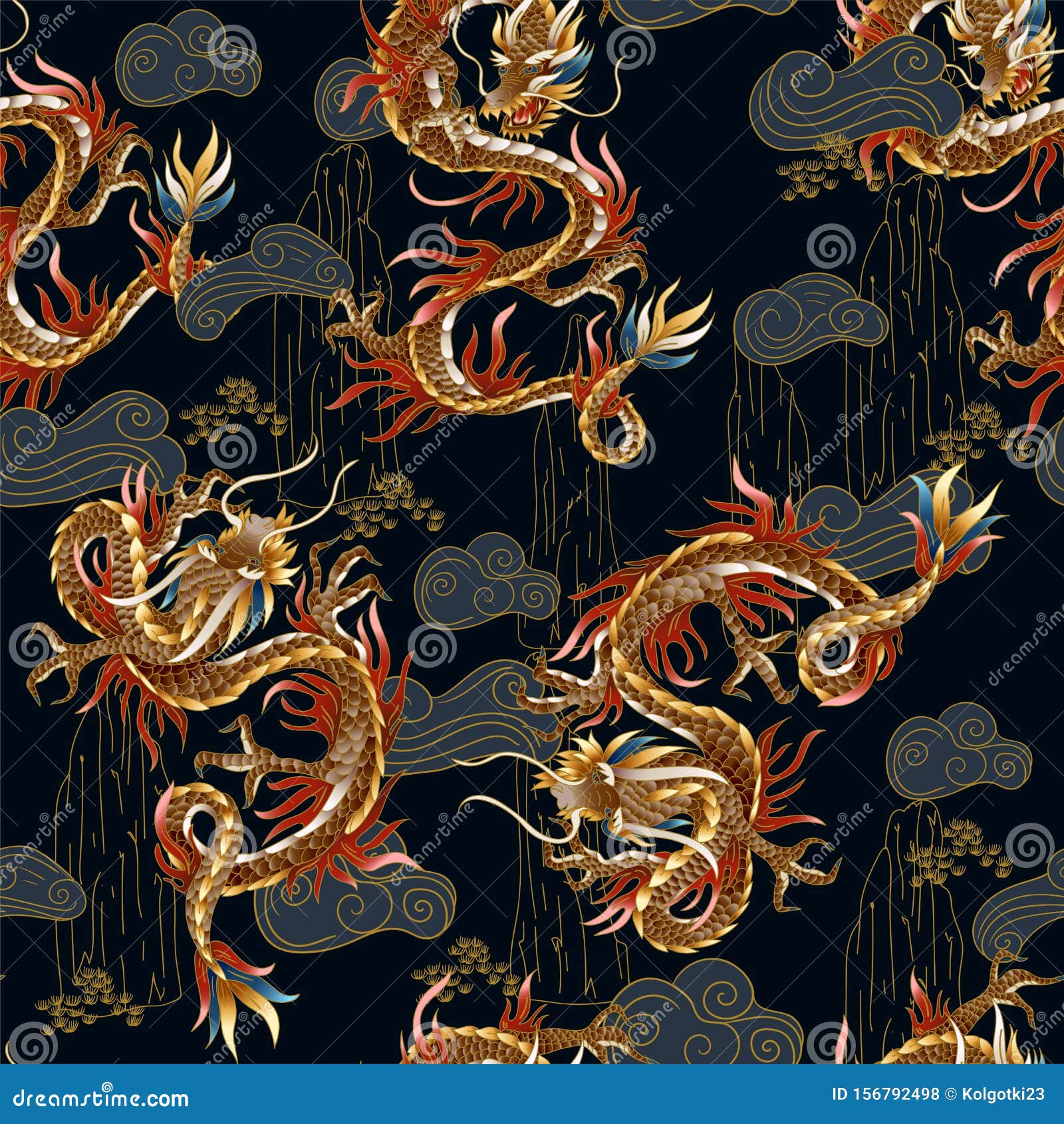 Seamless Pattern with Chinese Traditional Dragon. Vector. Stock Vector ...