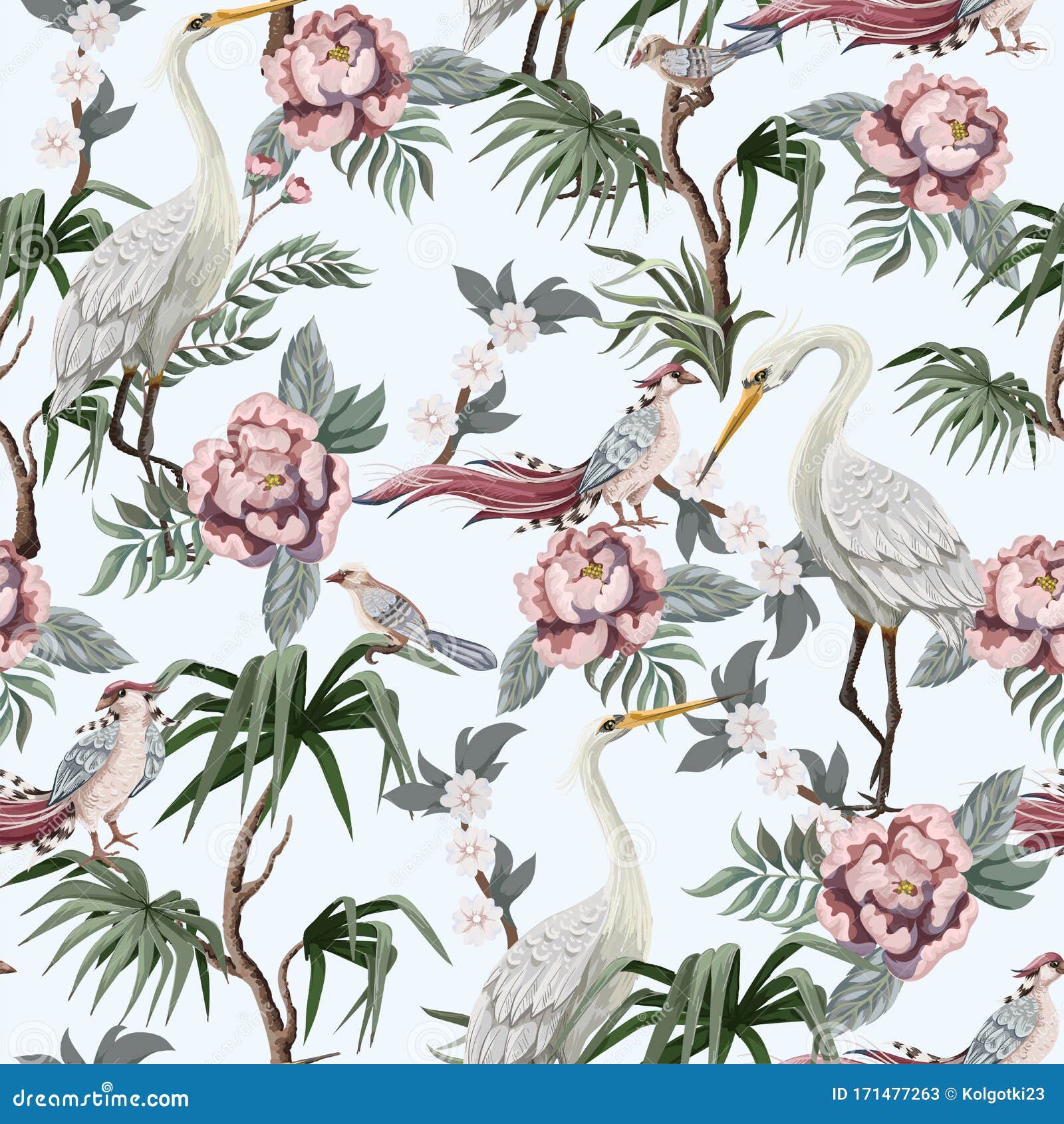 Seamless Pattern in Chinoiserie Style with Storks, Birds and Peonies ...