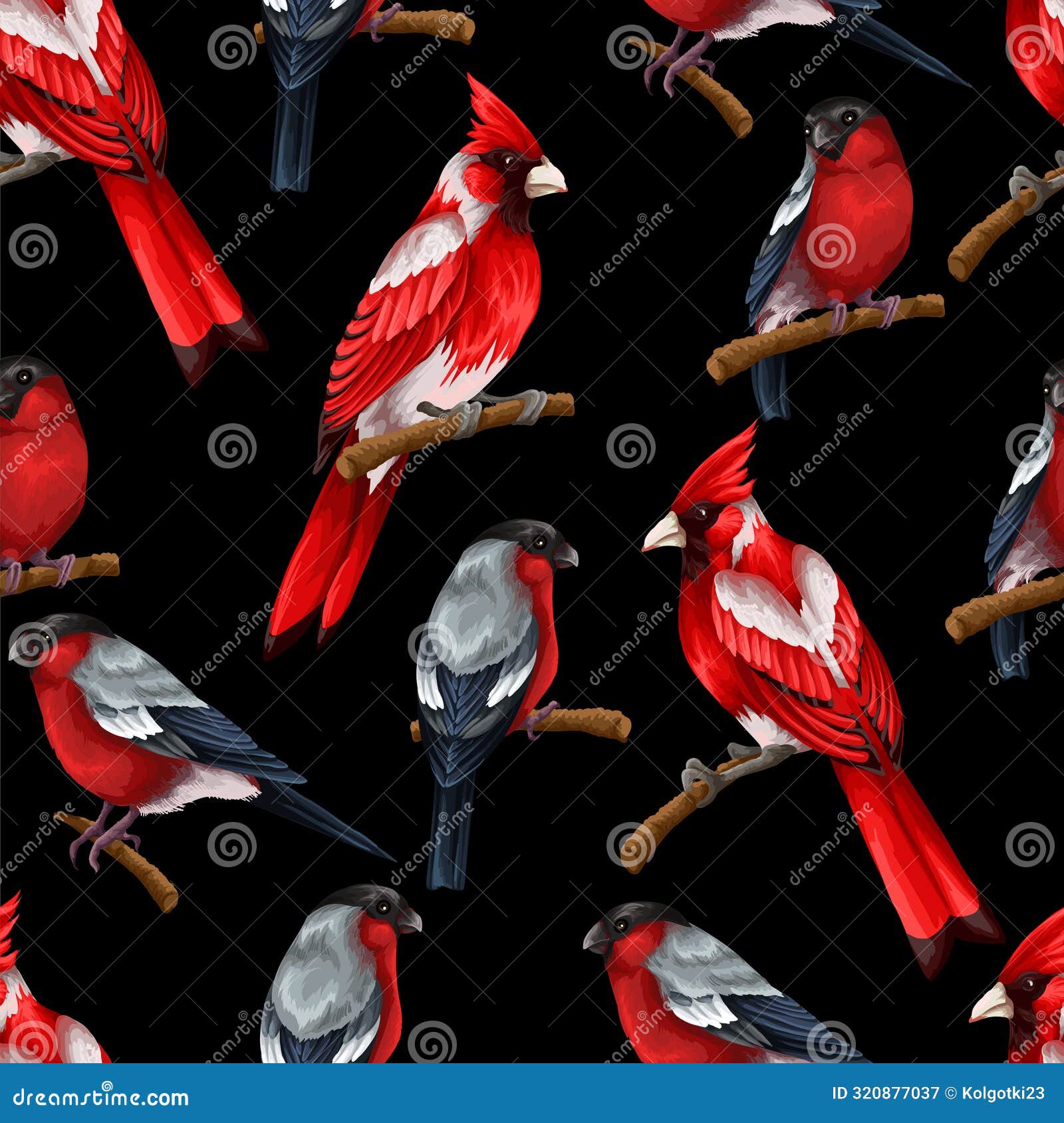 Seamless Pattern with Christmas Birds Such As Bullfinch, Red Cardinal ...