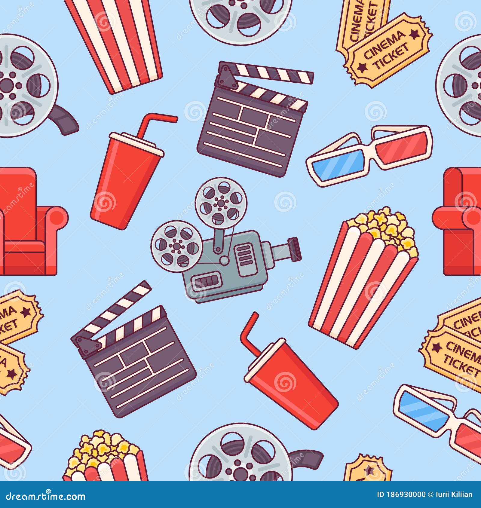 Seamless Pattern with Cinema Elements. Vector Texture. Stock Vector ...