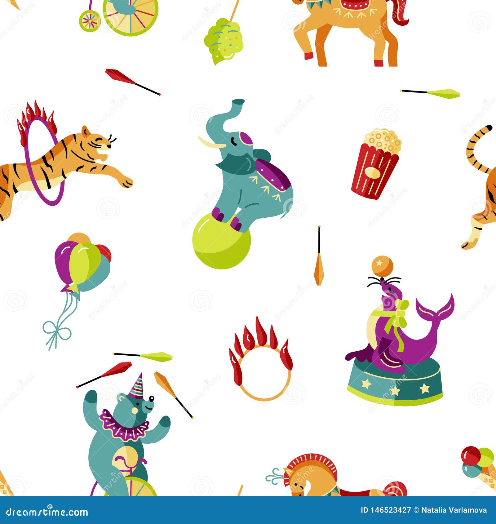Seamless Pattern with Circus Animals and Celebratory Objects Stock ...