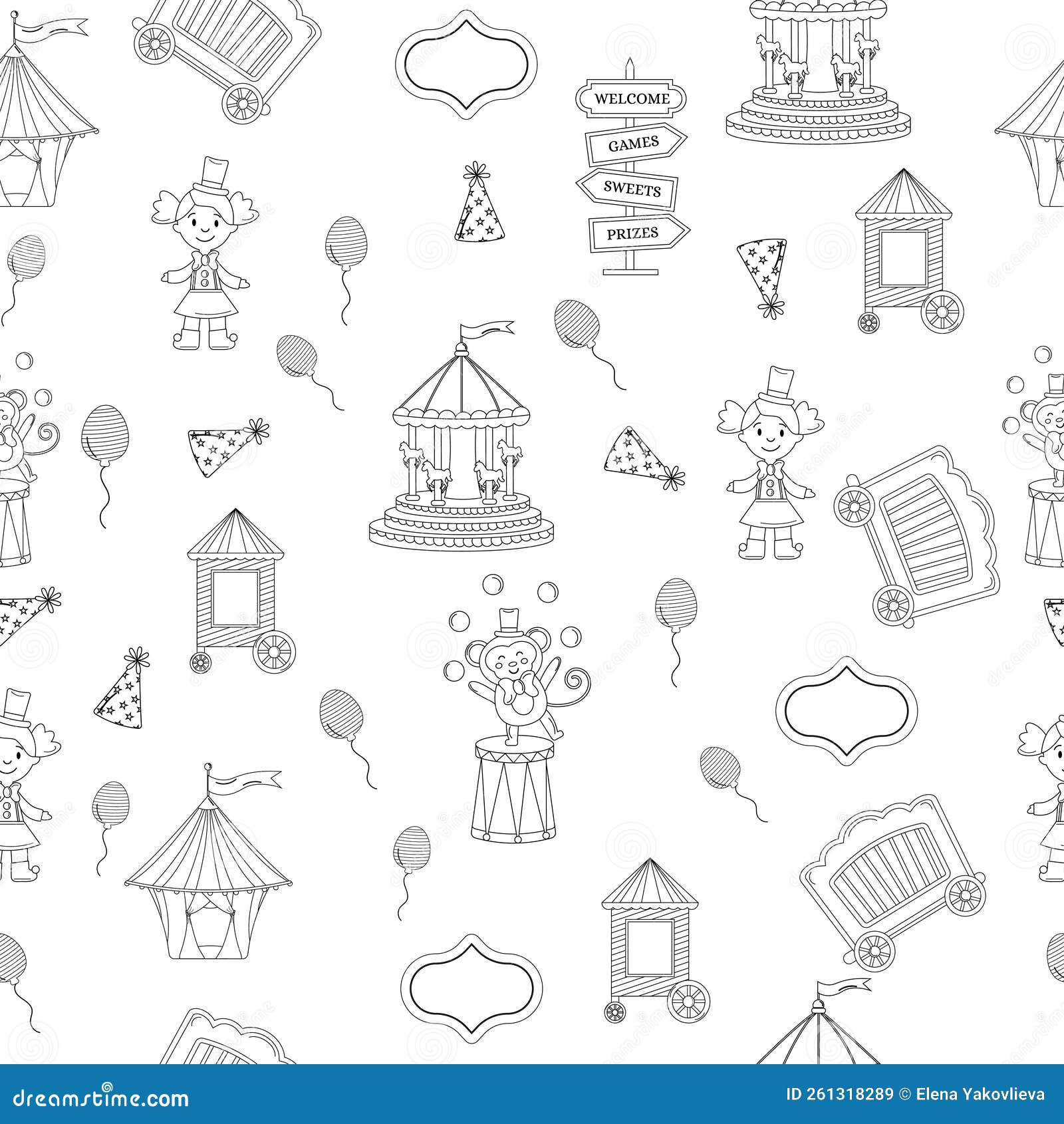 Seamless Pattern Circus Outline. Circus with Elements of Carousel, Awning, Doll Stock Vector ...