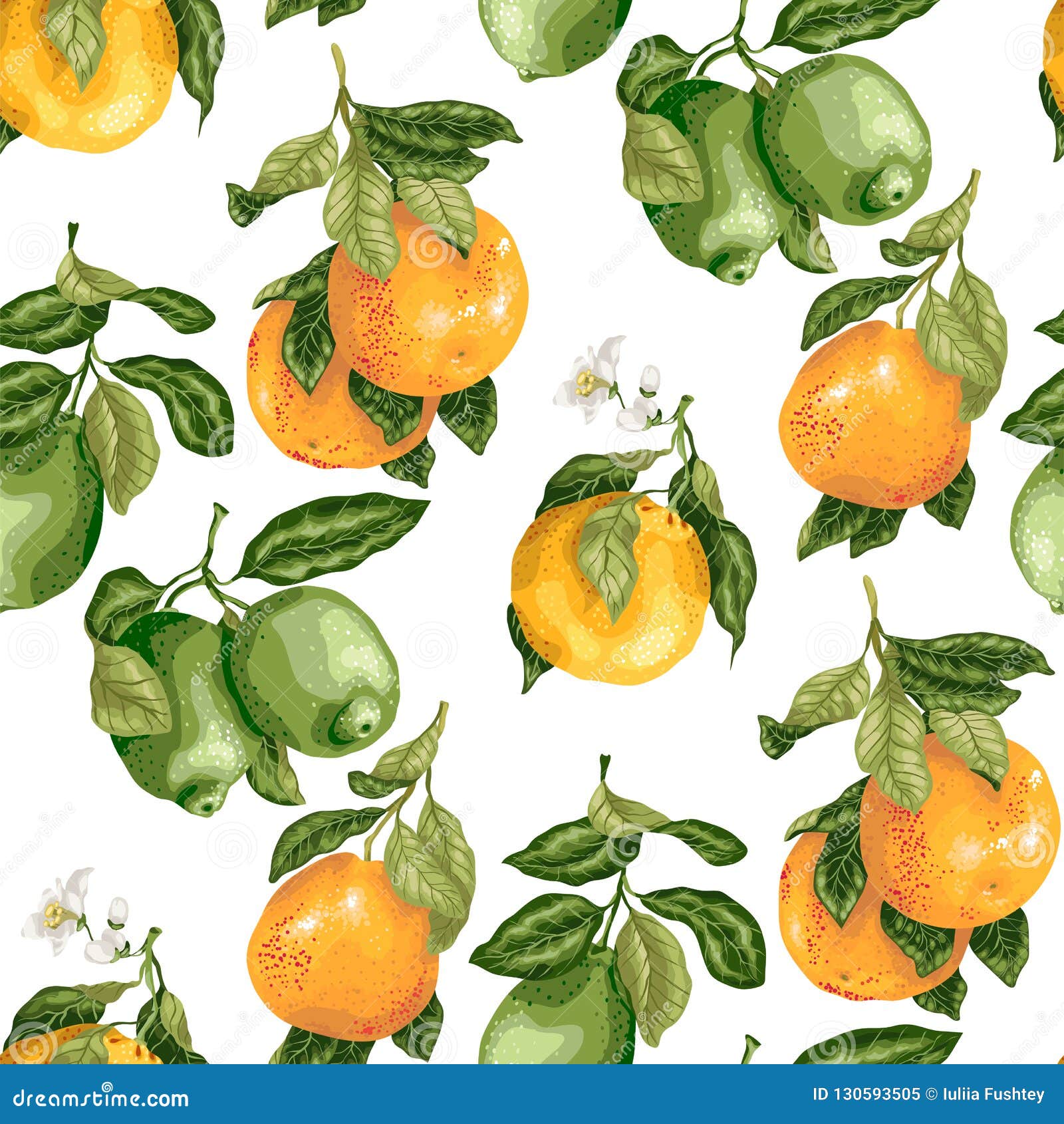 Seamless Pattern with Citrus Fruits and Flowers in Vector Stock ...