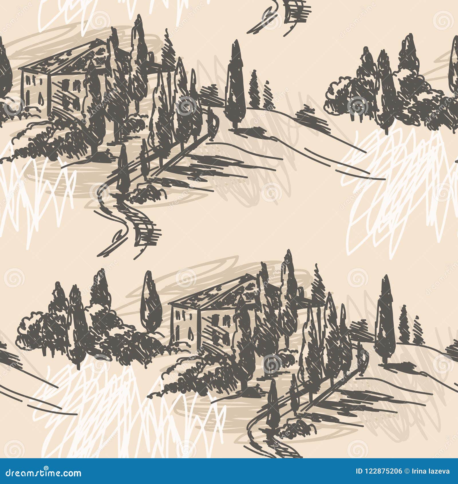 Seamless Pattern with Classic Tuscany Lanscape in Sketch Style Stock ...