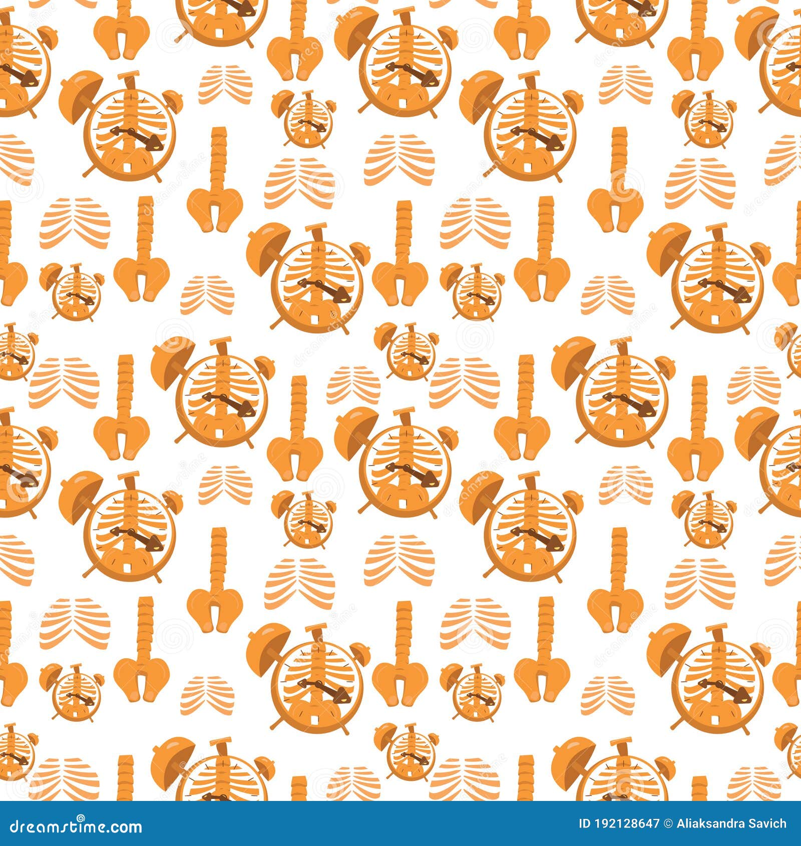 Seamless Pattern with Clock Skeleton, Bones, Ribs and Spine, Halloween ...
