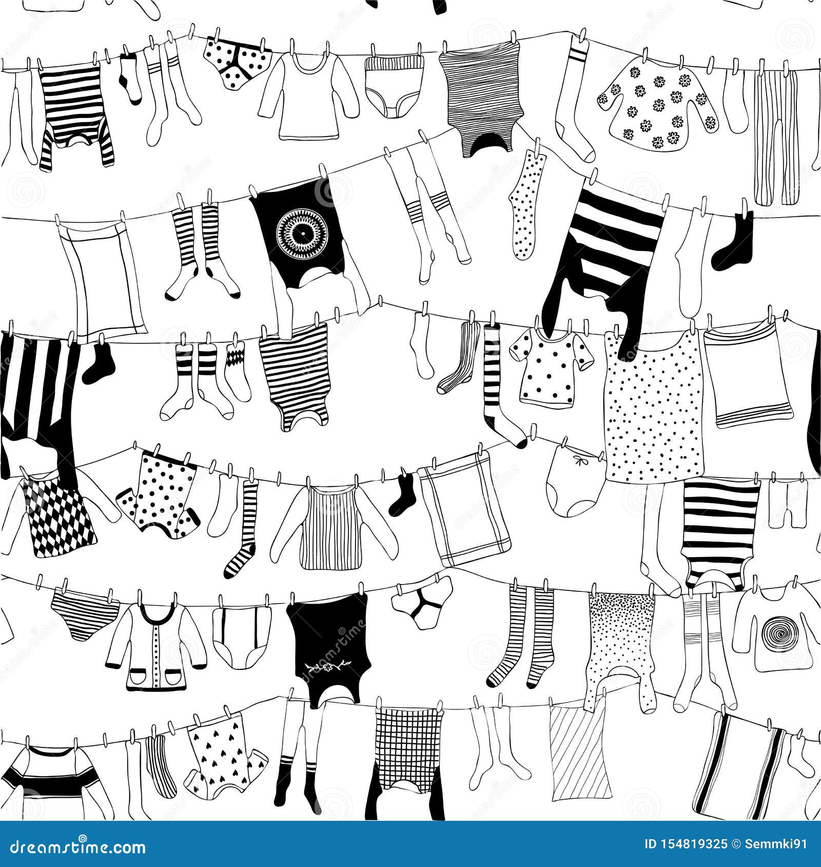 Seamless Pattern Clothes on Washing Line on White Background, Hand ...