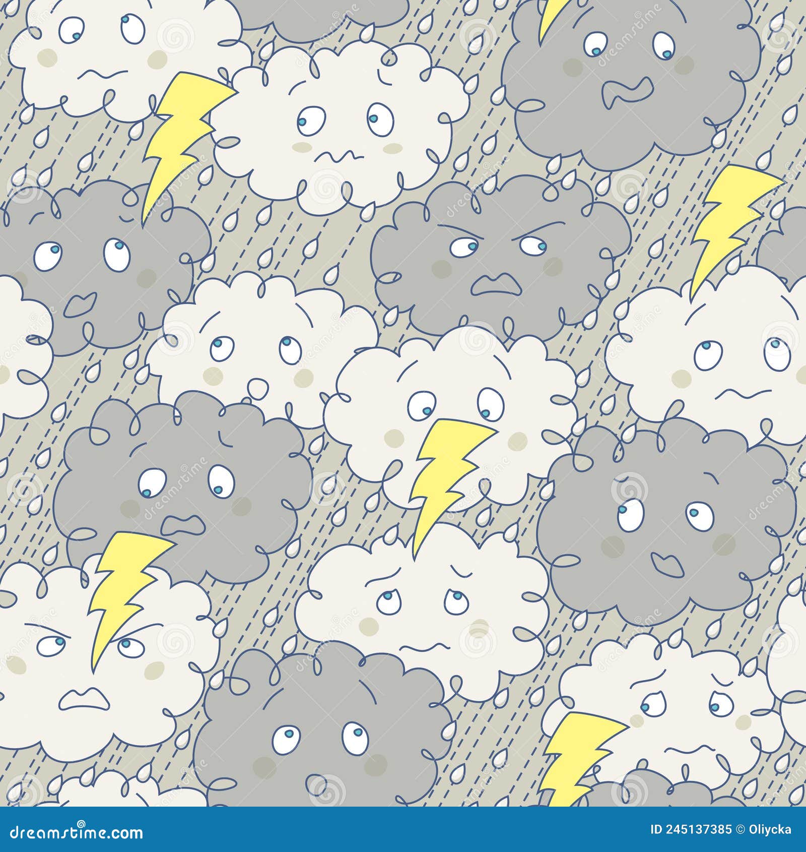 Seamless Pattern with Clouds, Rain, Ligntning and Thunder Stock Vector ...