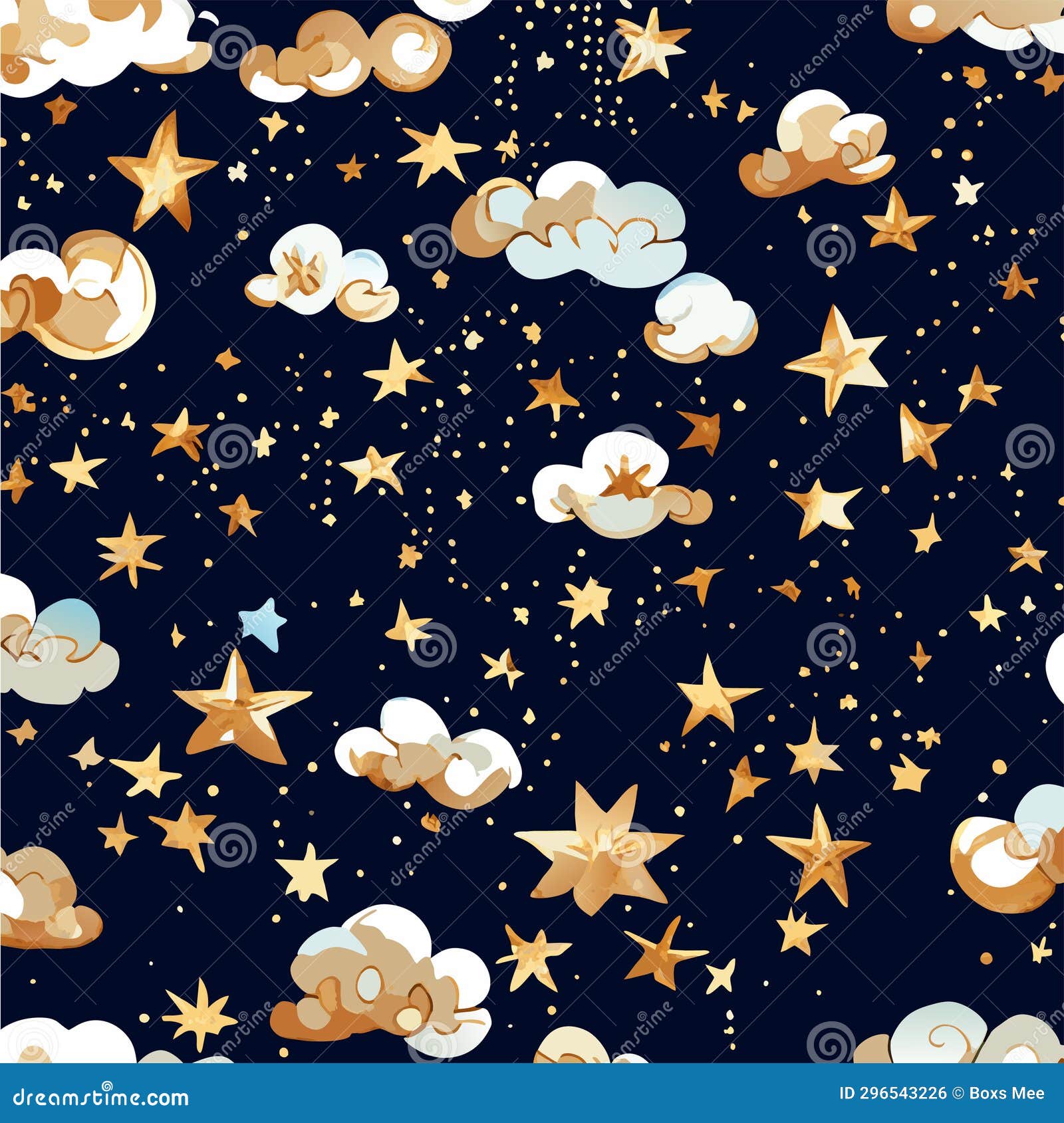 Seamless Pattern with Clouds and Stars. Vector Hand Drawn Illustration ...