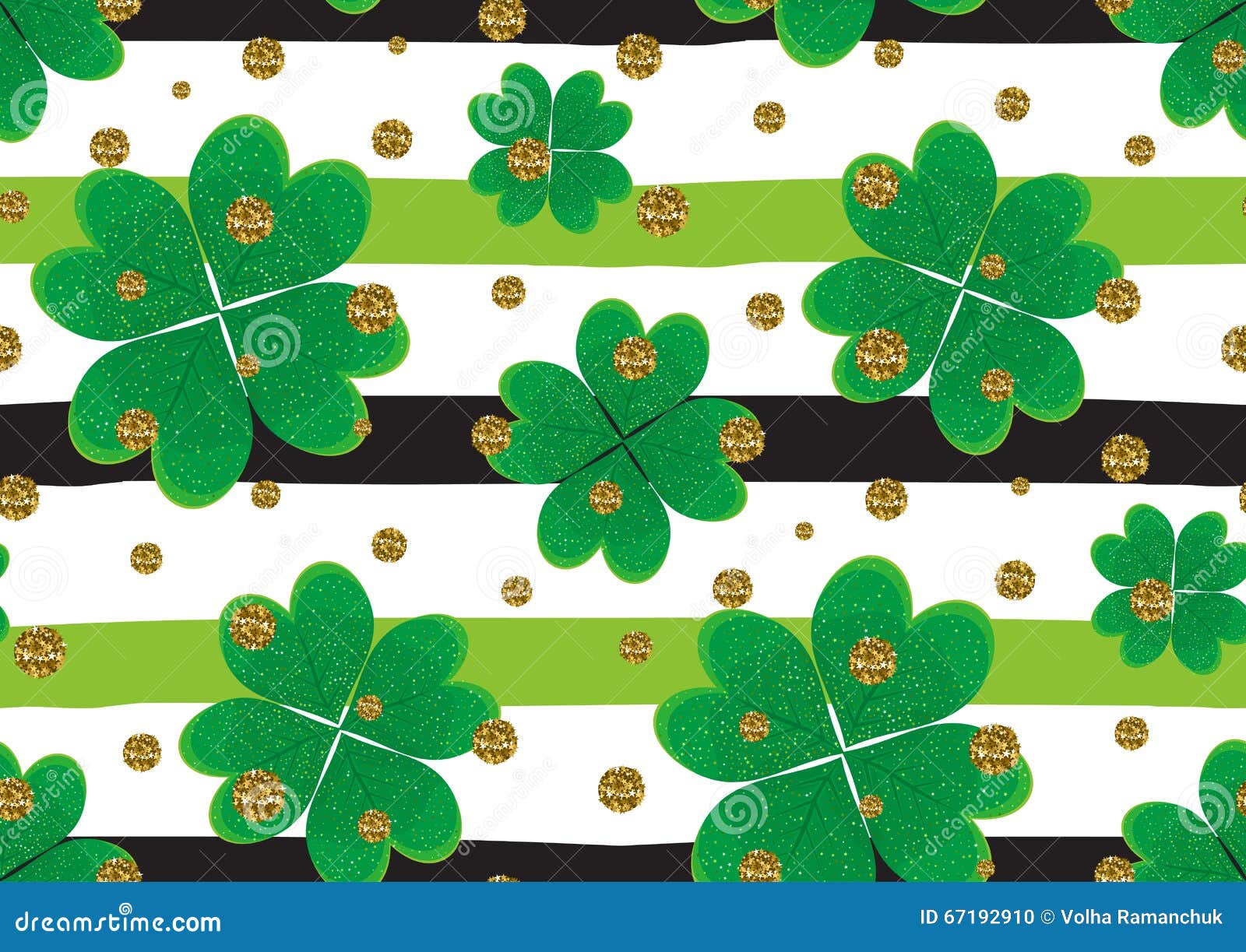 Seamless Pattern with Clover Leaves, Gold Glitter Textured Circles on ...