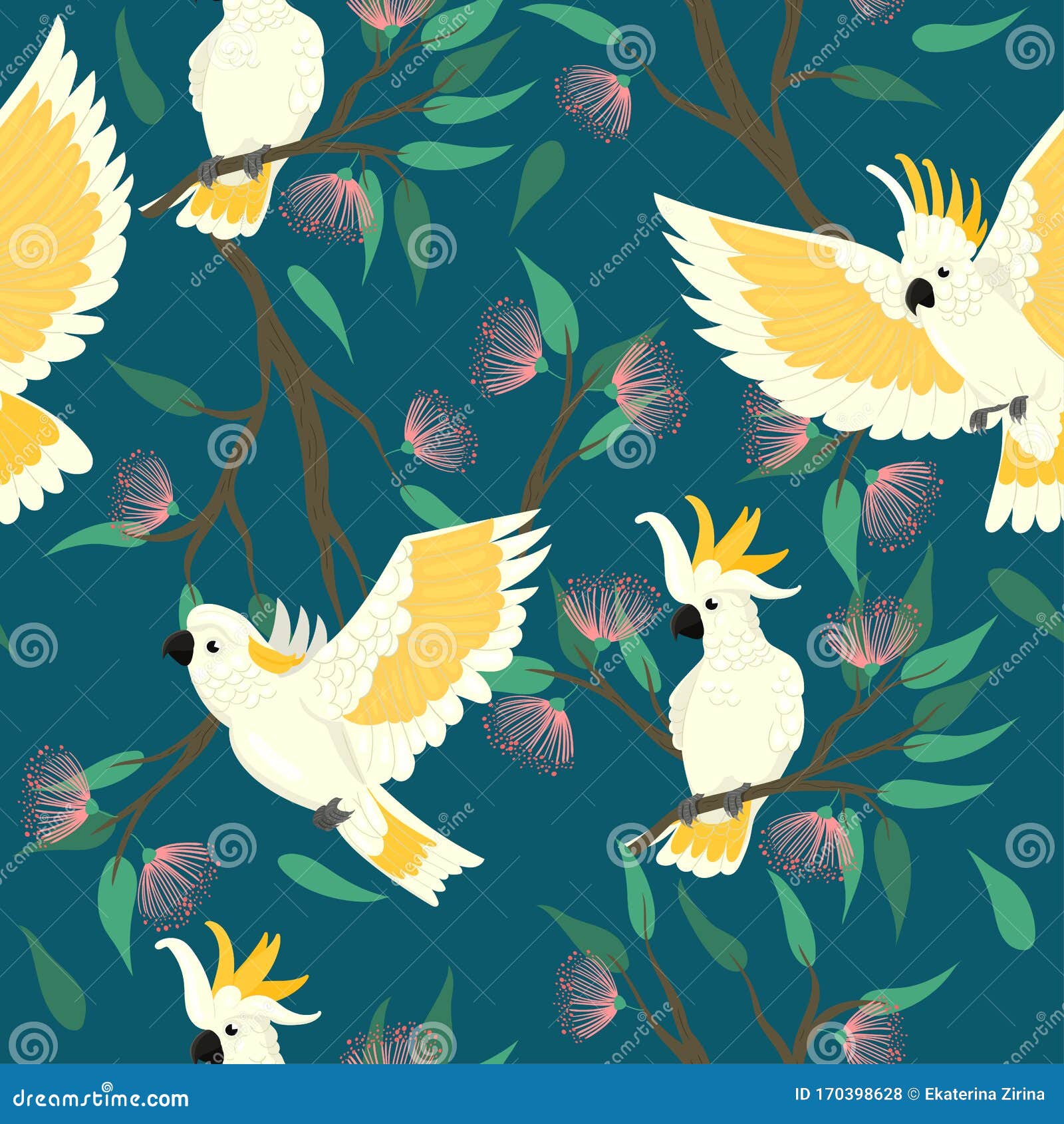 Seamless Pattern With Cockatoo And Flowers Vector Graphics Stock Illustration Illustration Of