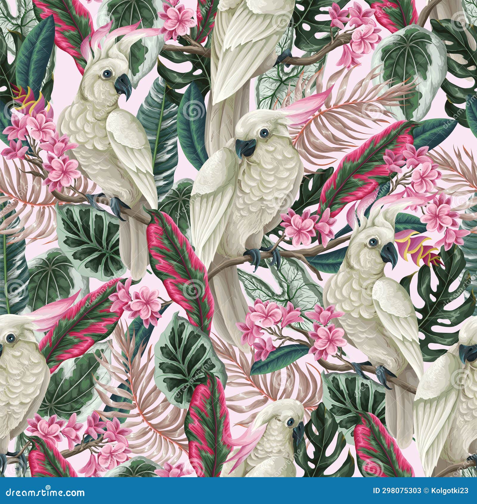 Seamless Pattern With Cockatoo Tropical Leaves And Flowers Vector Stock Vector Illustration