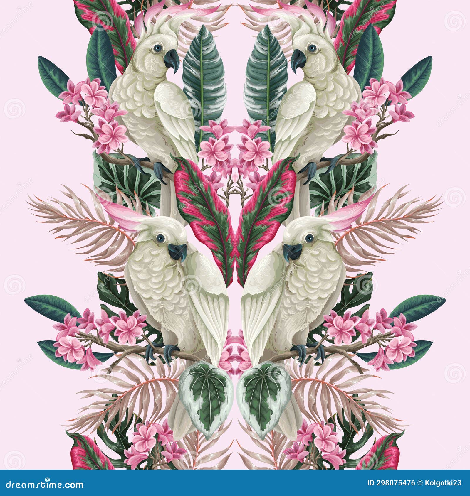 Seamless Pattern With Cockatoo Tropical Leaves And Flowers Vector Stock Vector Illustration