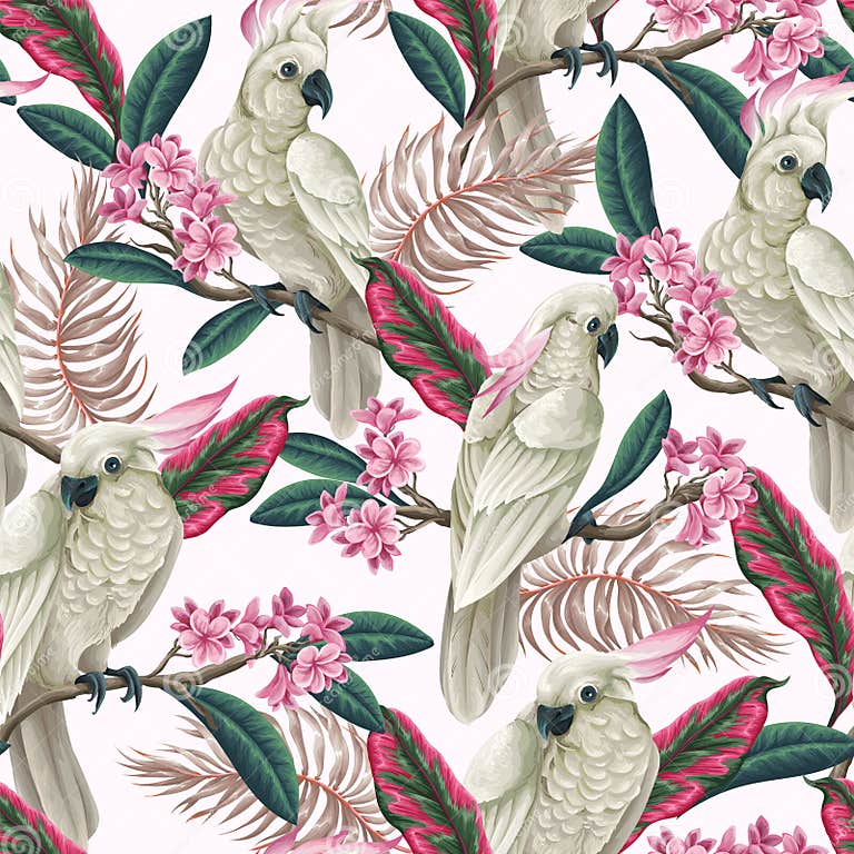Seamless Pattern With Cockatoo Tropical Leaves And Flowers Vector Stock Vector Illustration