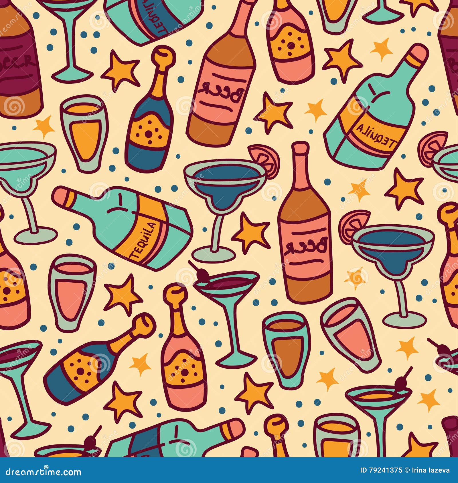 Seamless Pattern with Cocktails and Bottles of Alcohol, Cartoon Style ...