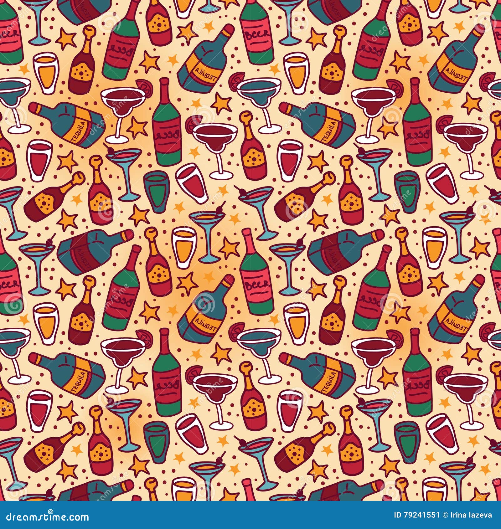 Seamless Pattern with Cocktails and Bottles of Alcohol, Cartoon Style ...