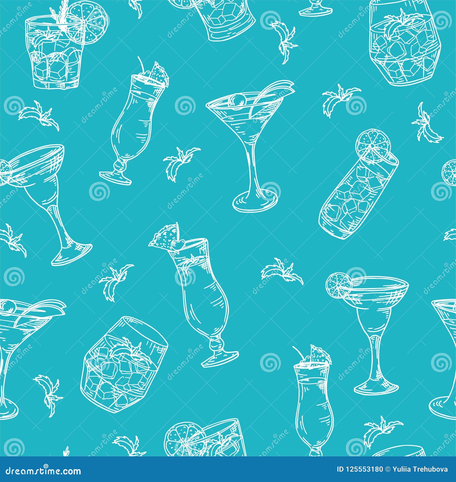 Seamless Pattern With Cocktails. Color Outline On White Background ...