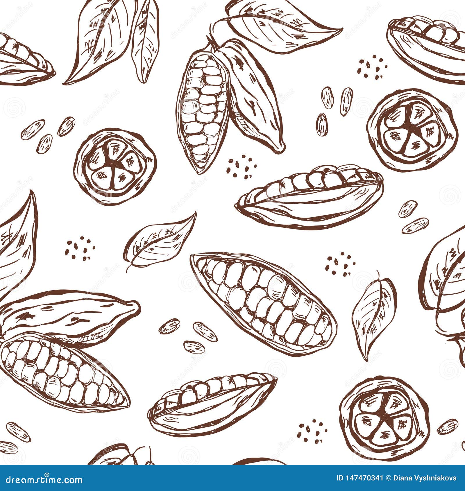 Seamless Pattern with Cocoa Pods, Beans and Leaves. Stock Vector ...