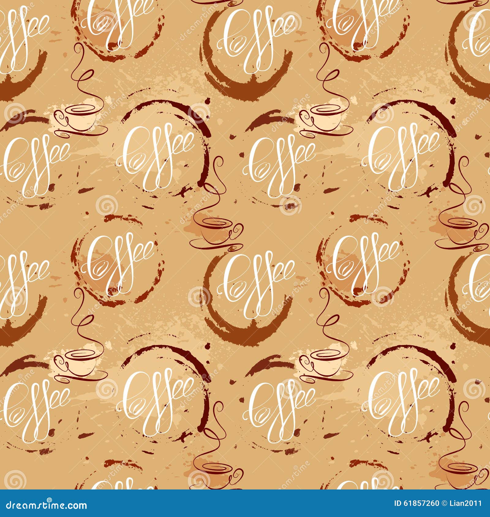 Seamless Pattern with Coffee Cups, Coffee Stain, Calligraphic Te Stock ...