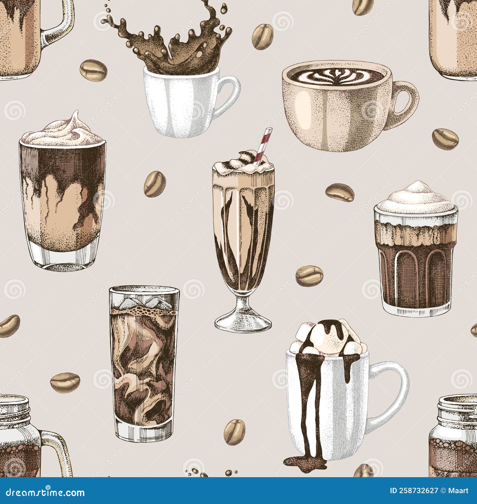 Seamless Pattern with Coffee Dessert Drinks Stock Vector - Illustration ...