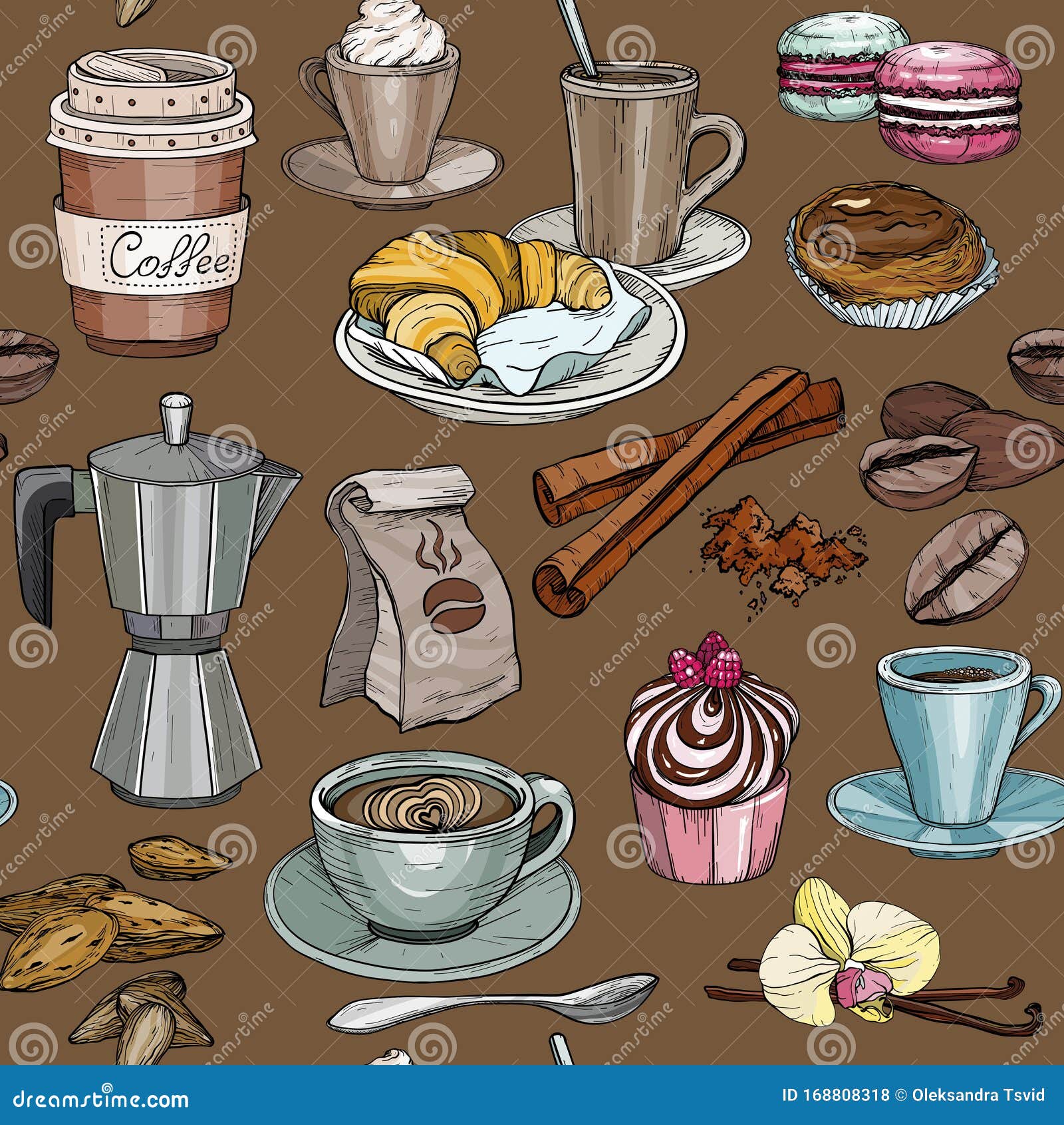 Seamless Pattern with Coffee Party Collection, Cakes and Sweets Icons ...