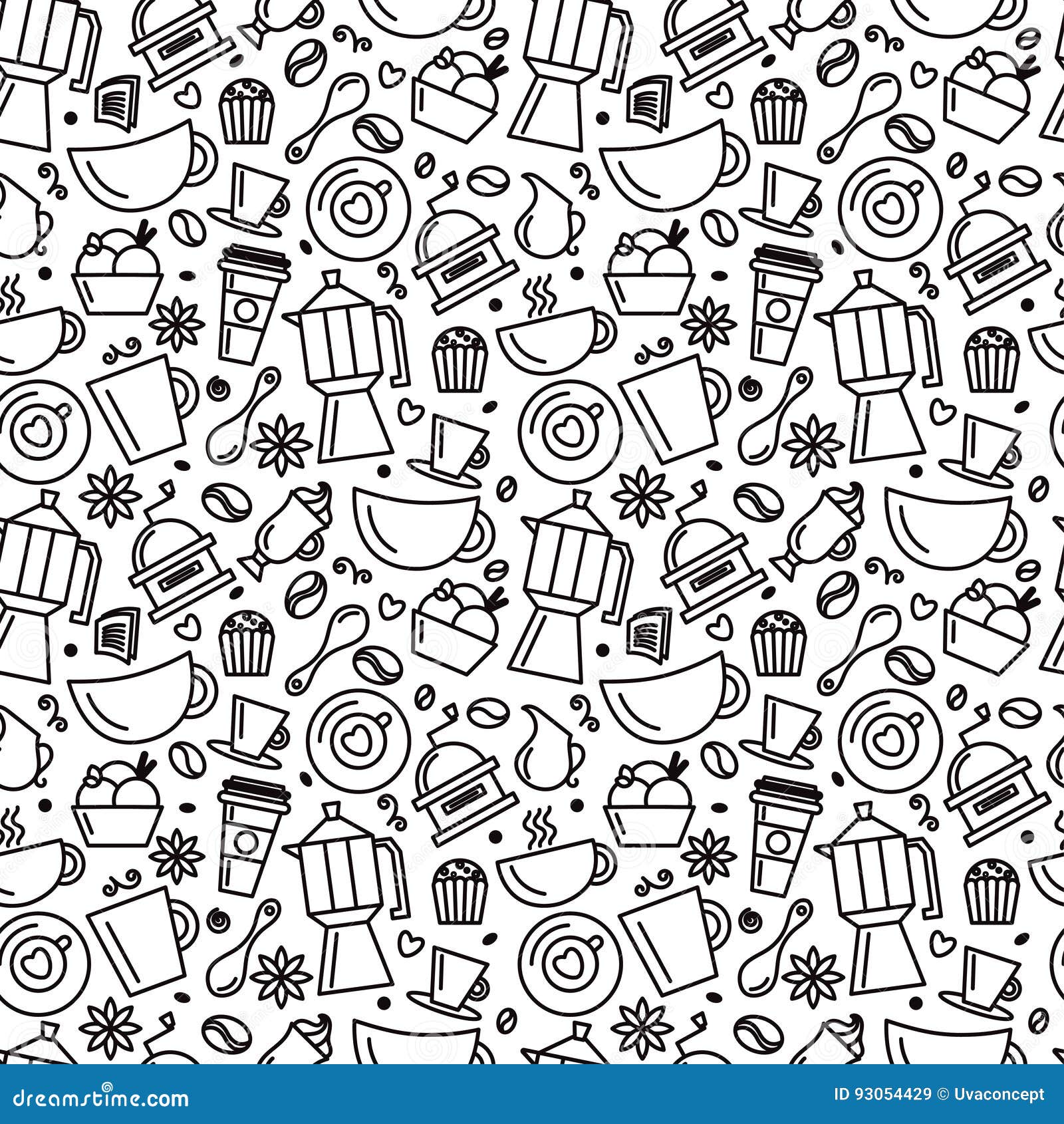 Seamless Pattern for Coffee Theme. Line Art Draw Icons Stock Vector ...