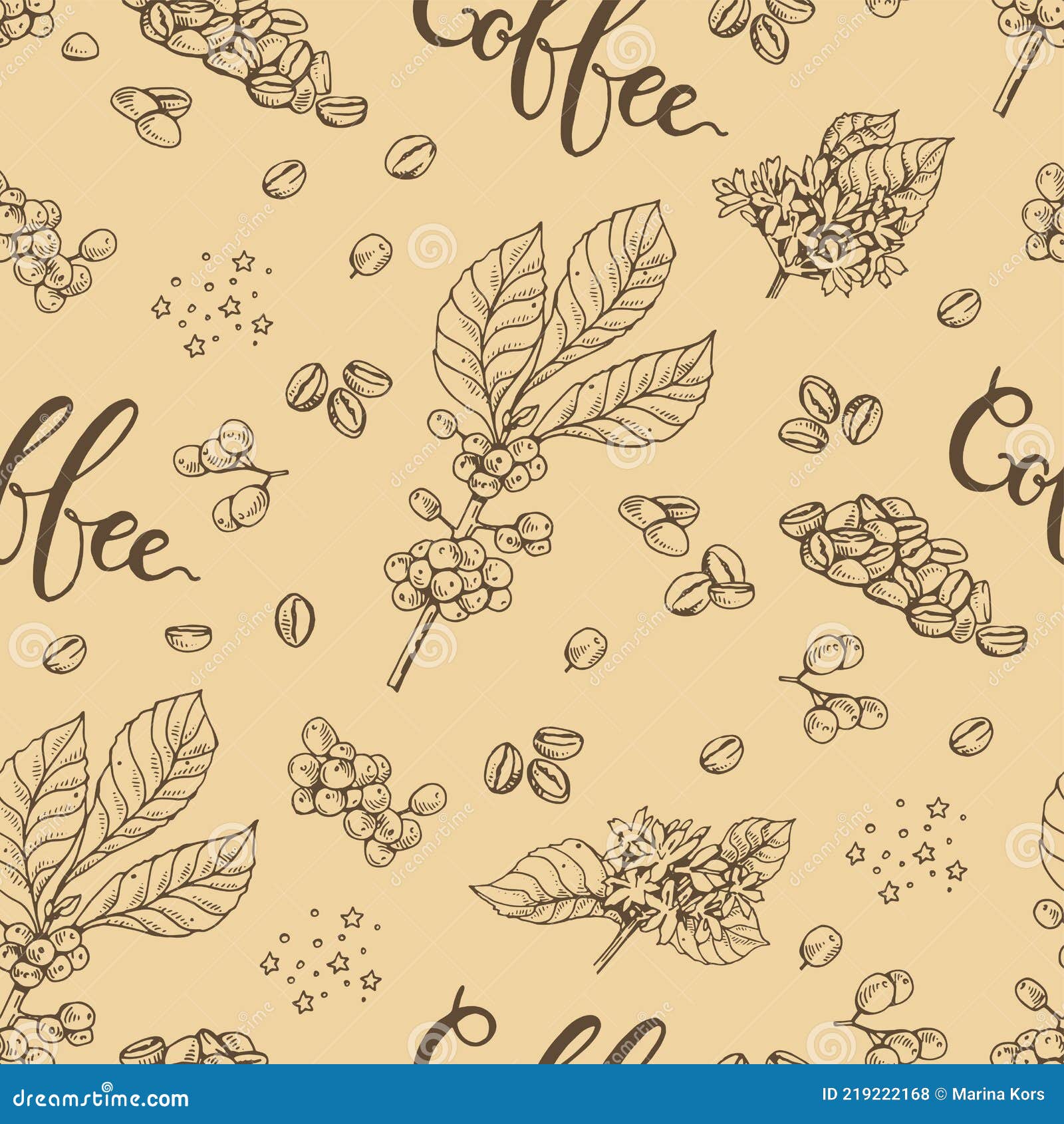Seamless Pattern with Coffee Tree Branches, Flowers and Lettering Stock ...