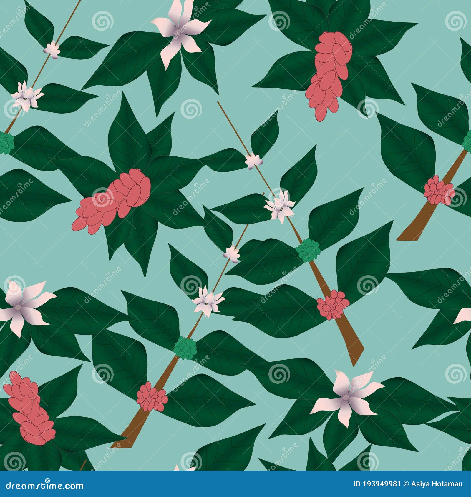 Seamless Pattern with Coffee Tree Illustration, Beans and Flowers Stock ...