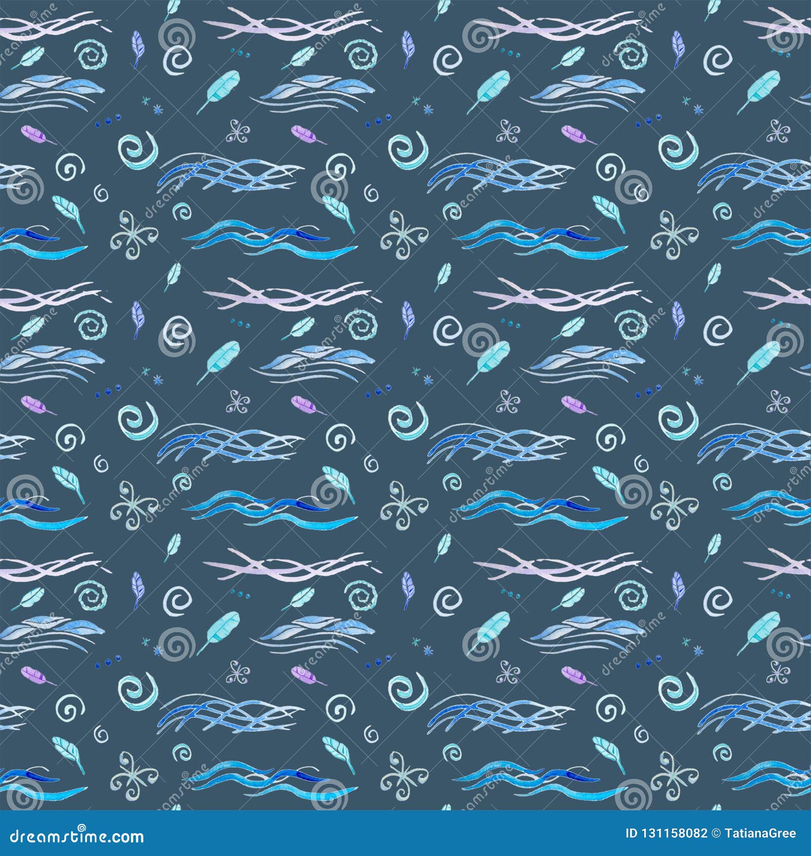 Seamless Pattern in Cold Colors with Feathers, Snowflakes, and Waves ...