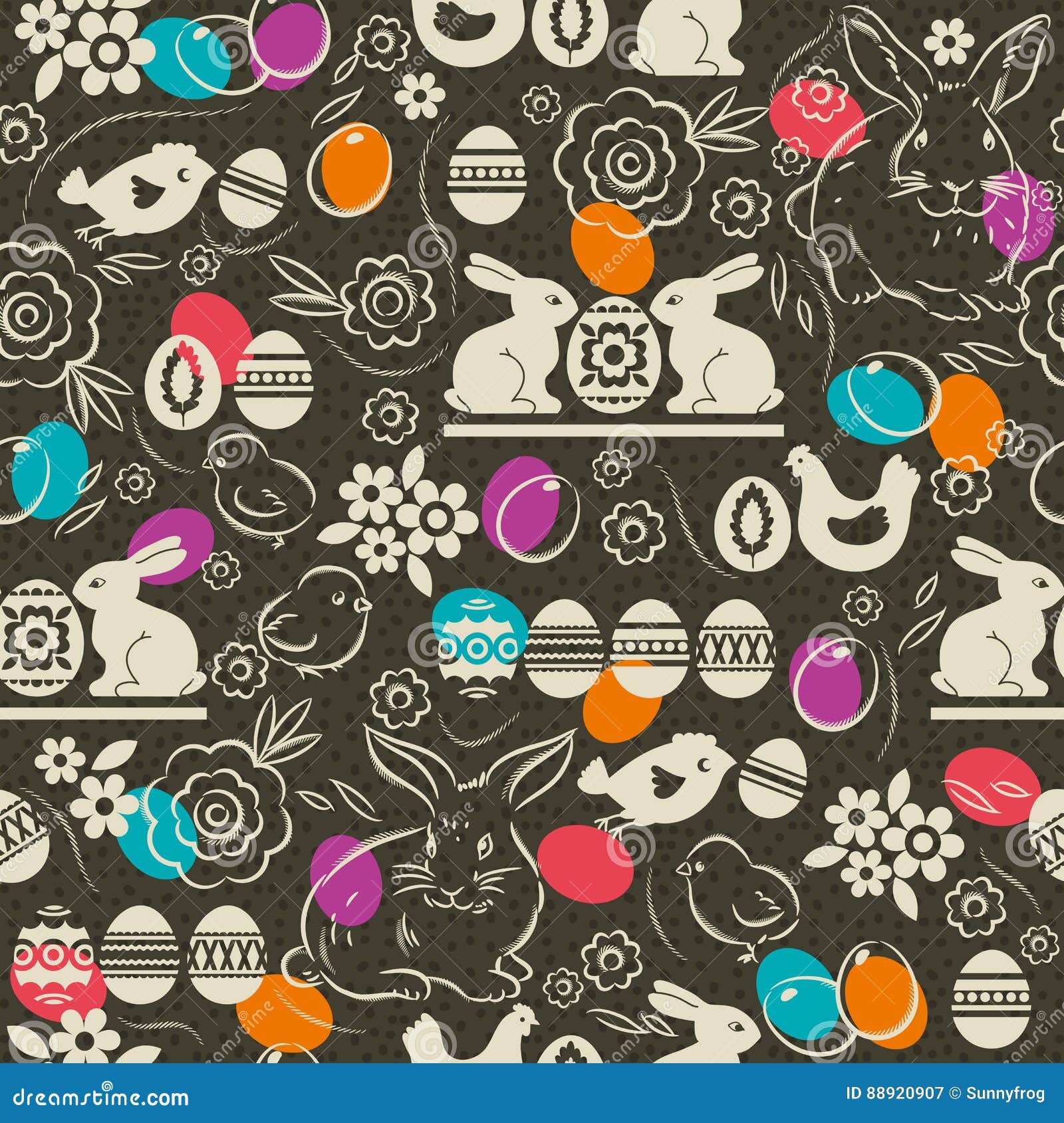 Seamless Pattern with Color Easter Eggs, Rabbit, Flowers Stock Vector ...
