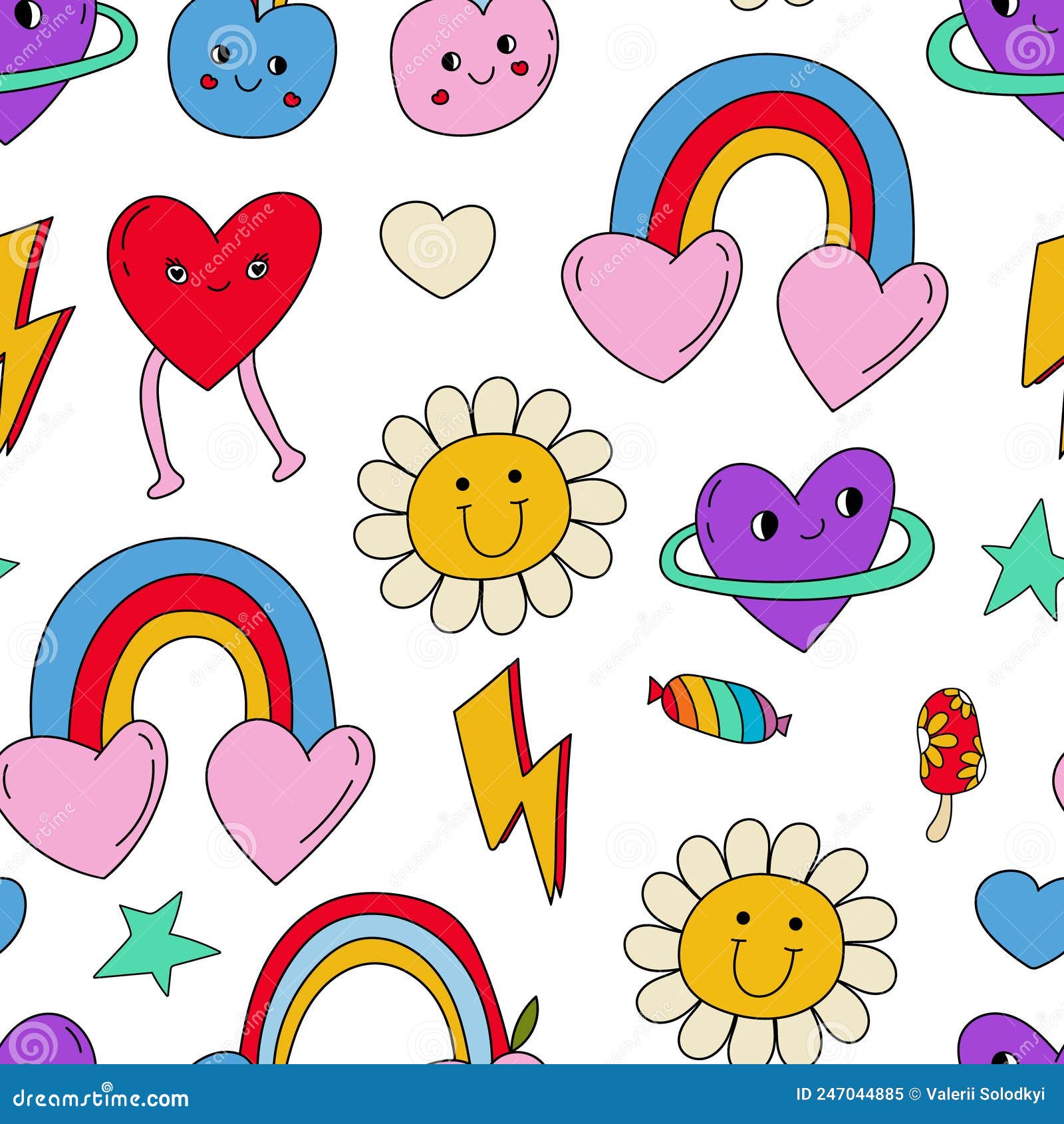 Seamless Pattern with Color Hand Drawn Elements in Retro Style. Vector ...