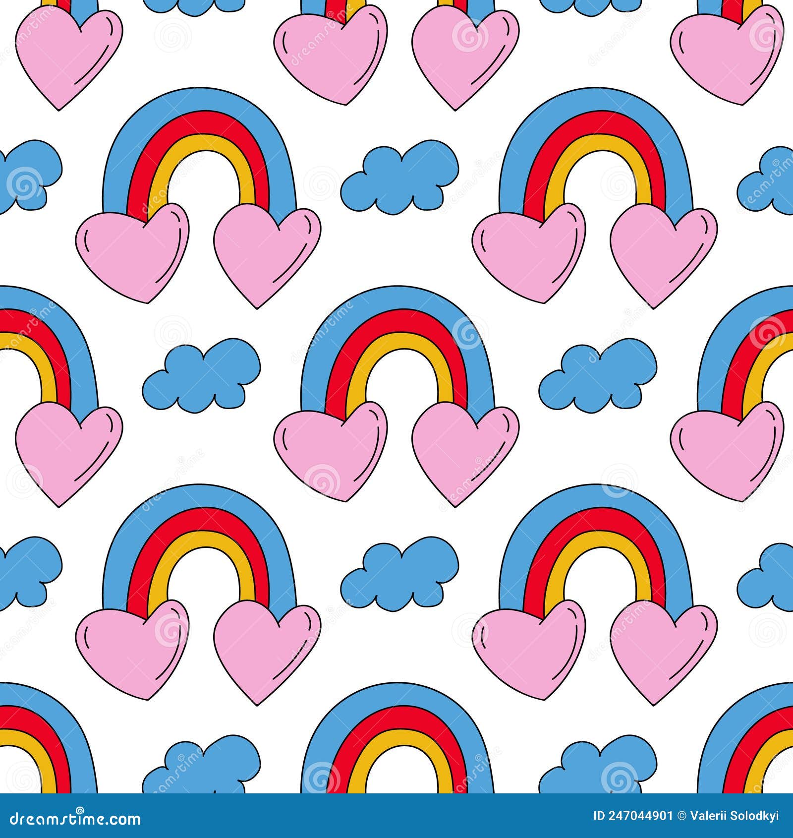 Seamless Pattern with Color Hand Drawn Rainbow with a Hearts in Retro ...