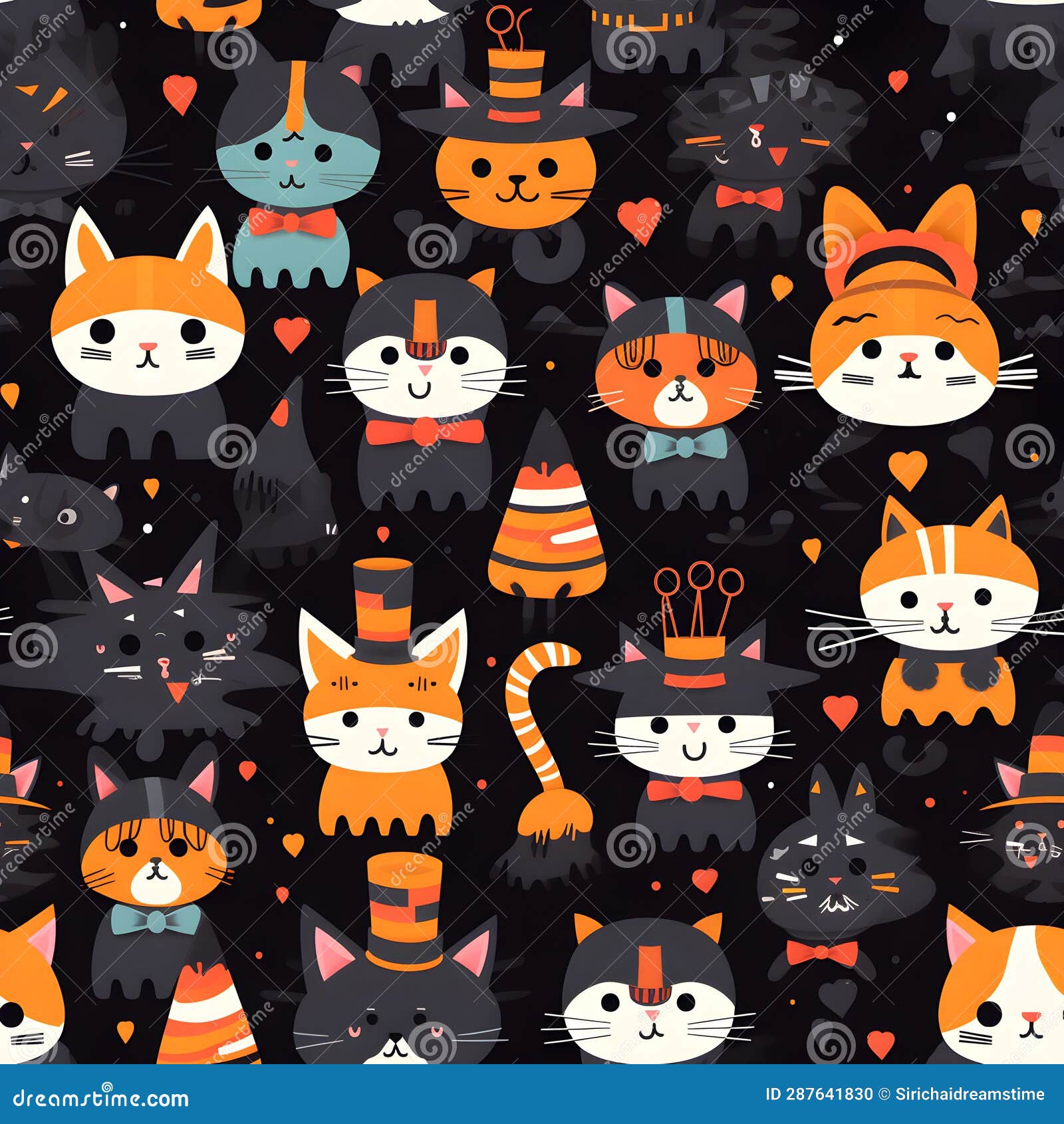 Seamless Pattern Colored Cats with Bowties Happy Spiders in Tiny Hats ...