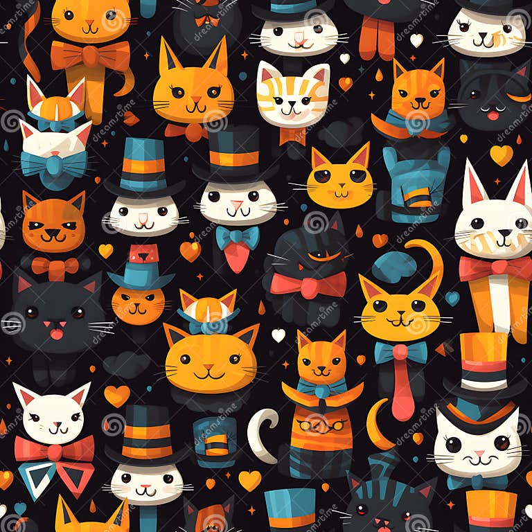 Seamless Pattern Colored Cats with Bowties Happy Spiders in Tiny Hats ...