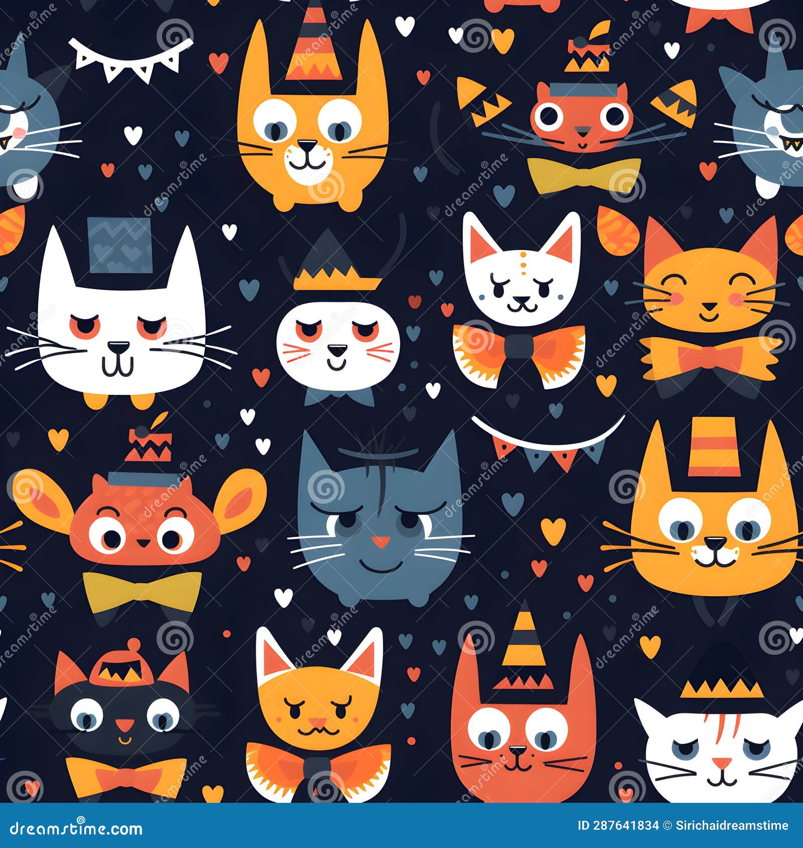Seamless Pattern Colored Cats with Bowties Happy Spiders in Tiny Hats ...