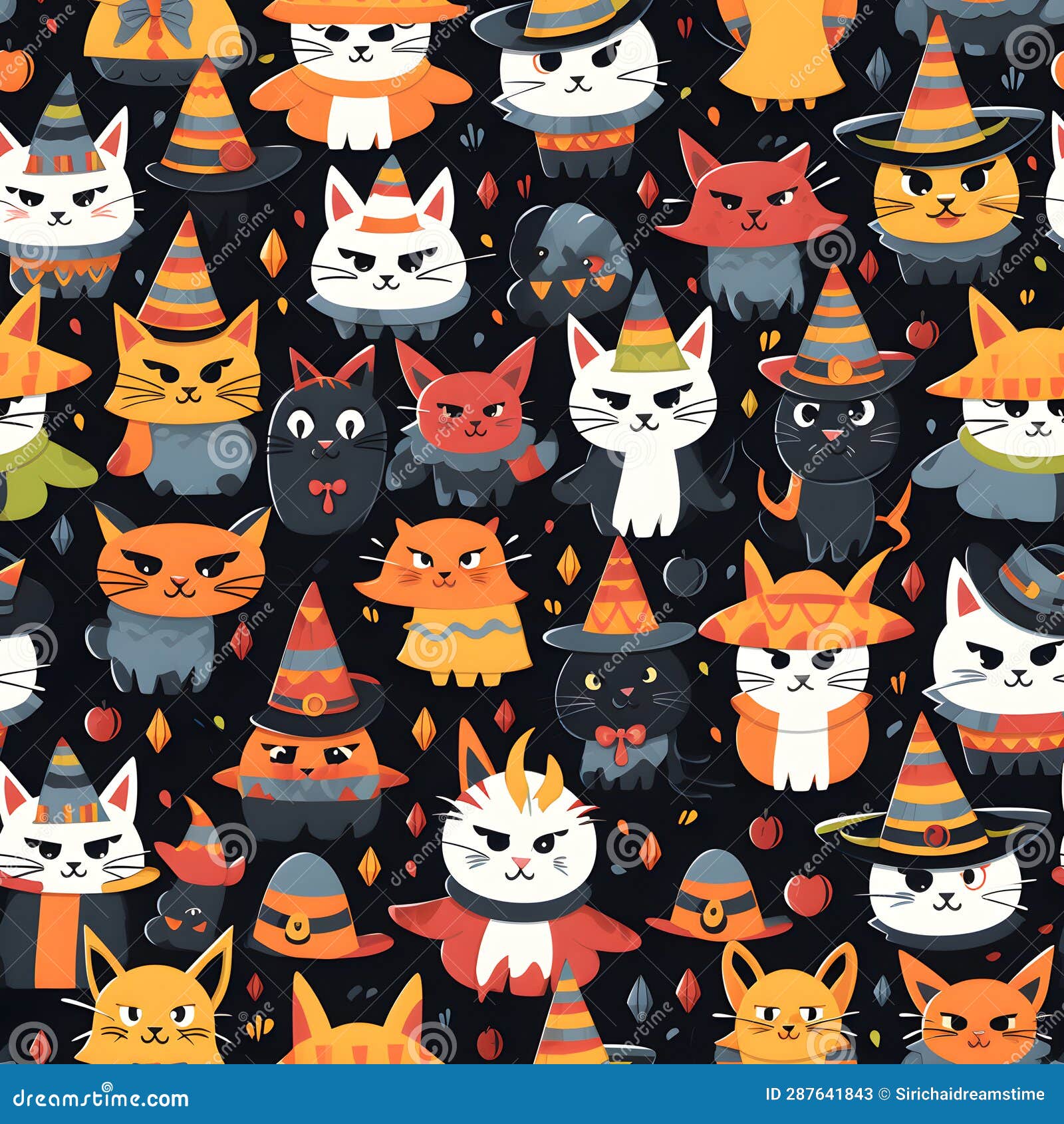 Seamless Pattern Colored Cats with Bowties Happy Spiders in Tiny Hats ...