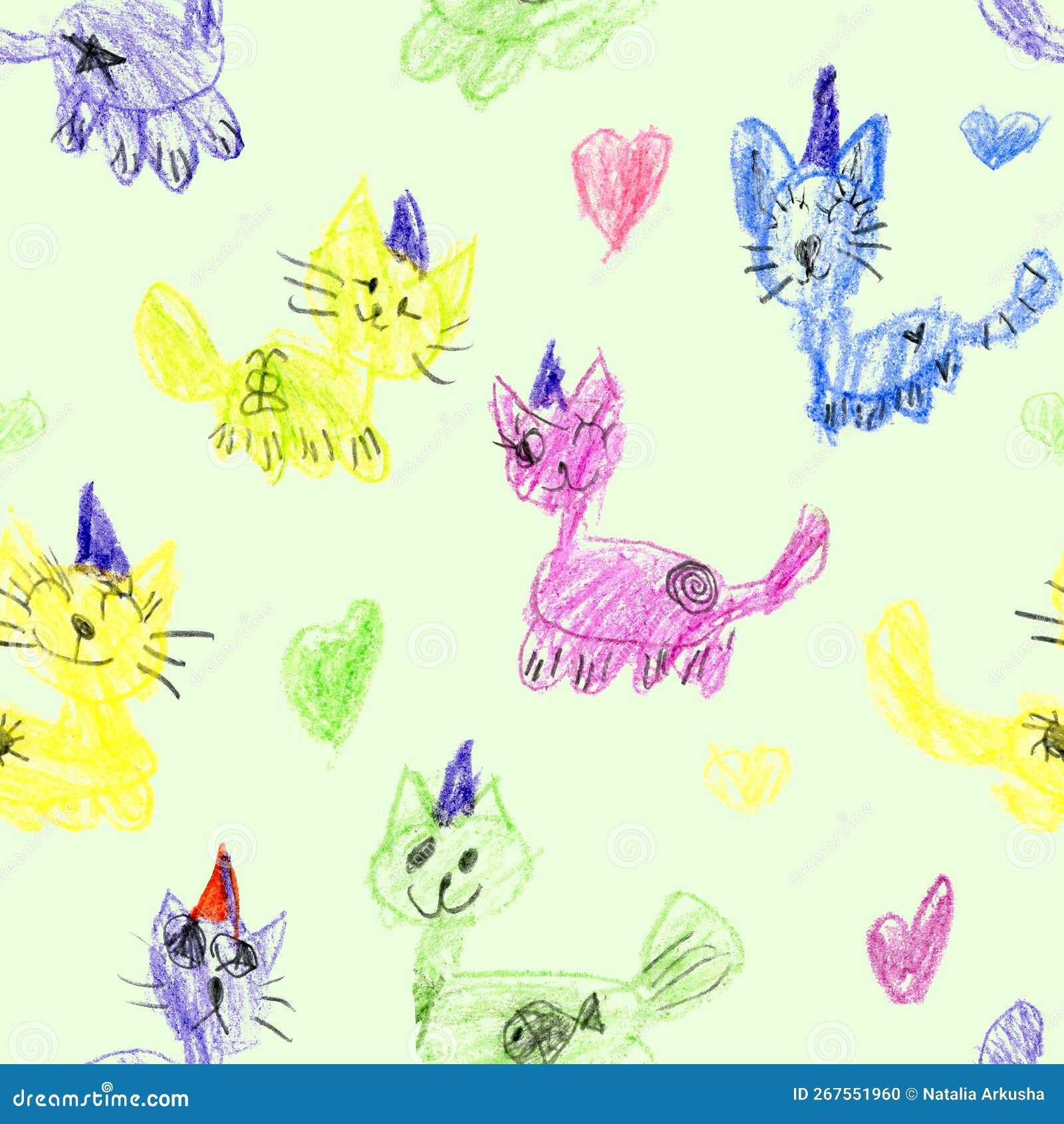 Seamless Pattern with Colored Kid S Crayon Hand Drawn Cats Llustration ...