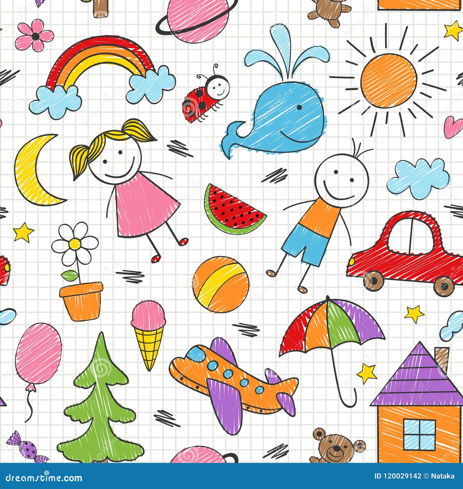 Seamless Pattern with Colored Kids Drawings Stock Vector - Illustration ...