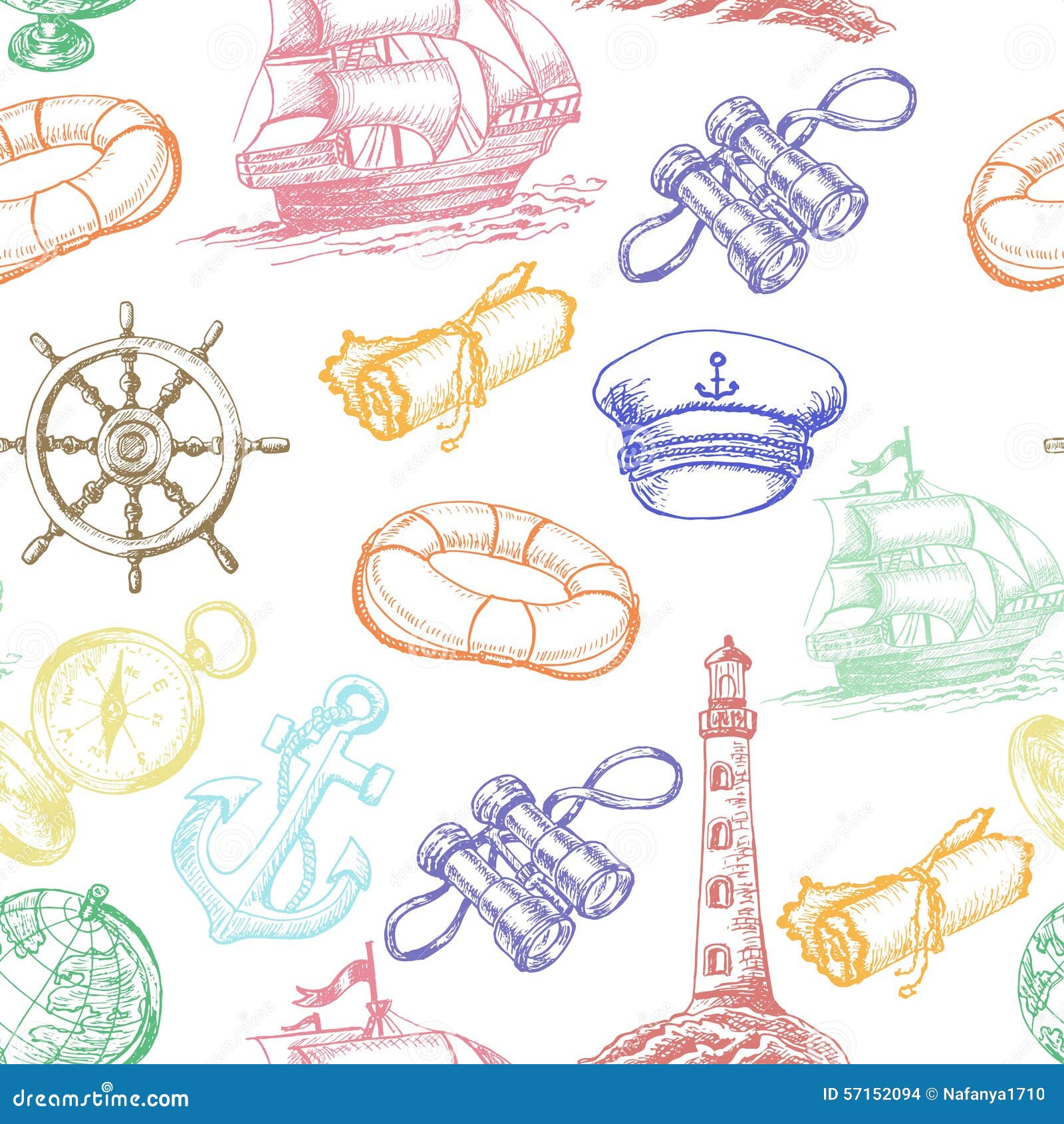 Seamless Pattern with Colored Sea Adventure Elements in Sketch Style ...