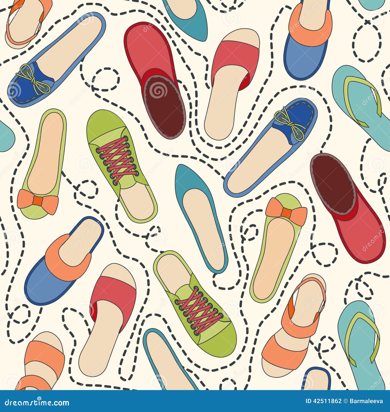Seamless Pattern with Colored Shoes and Dashed Stock Vector ...