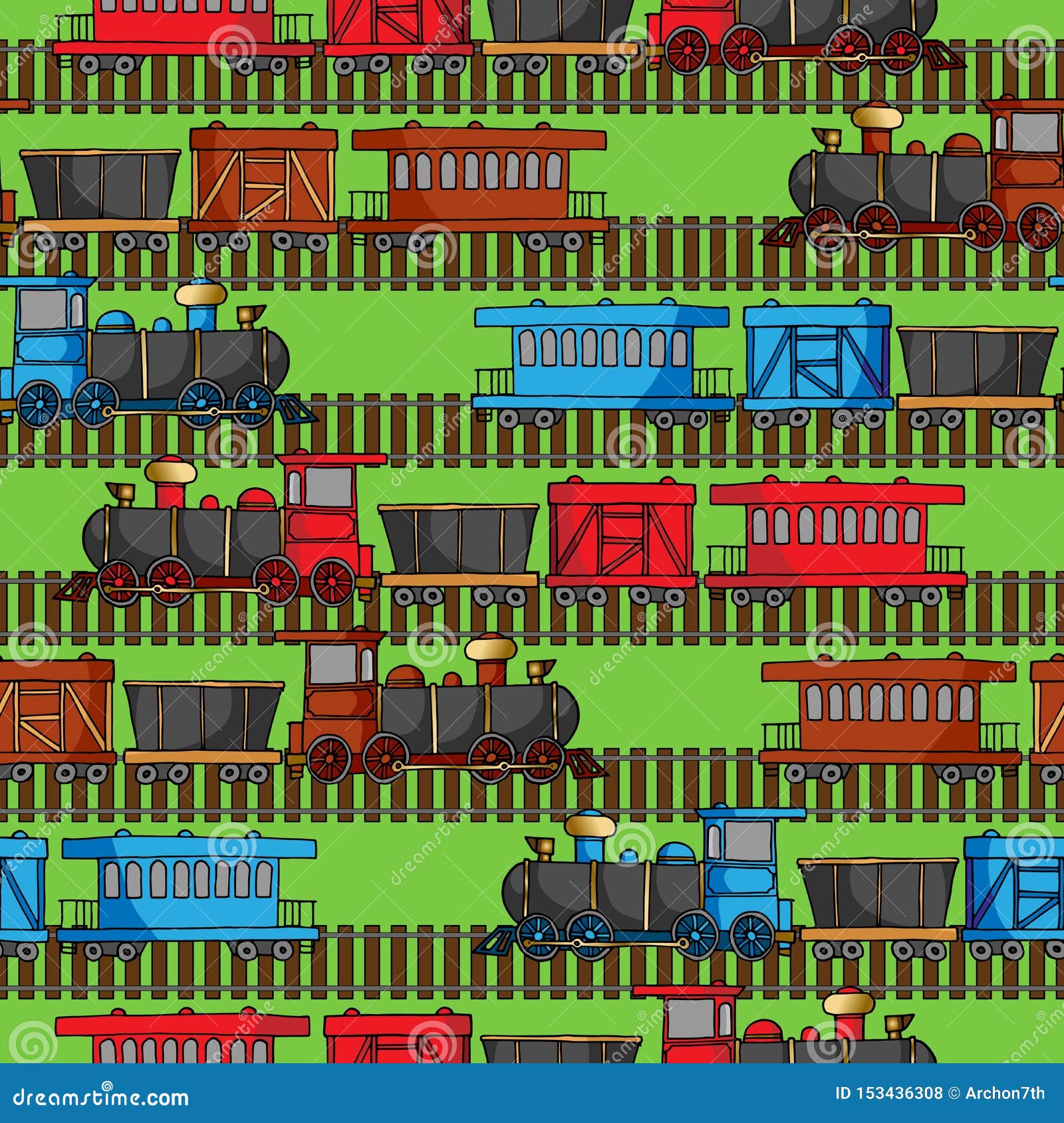 Seamless Pattern with Colored Trains and Railroad Paths Stock Vector ...