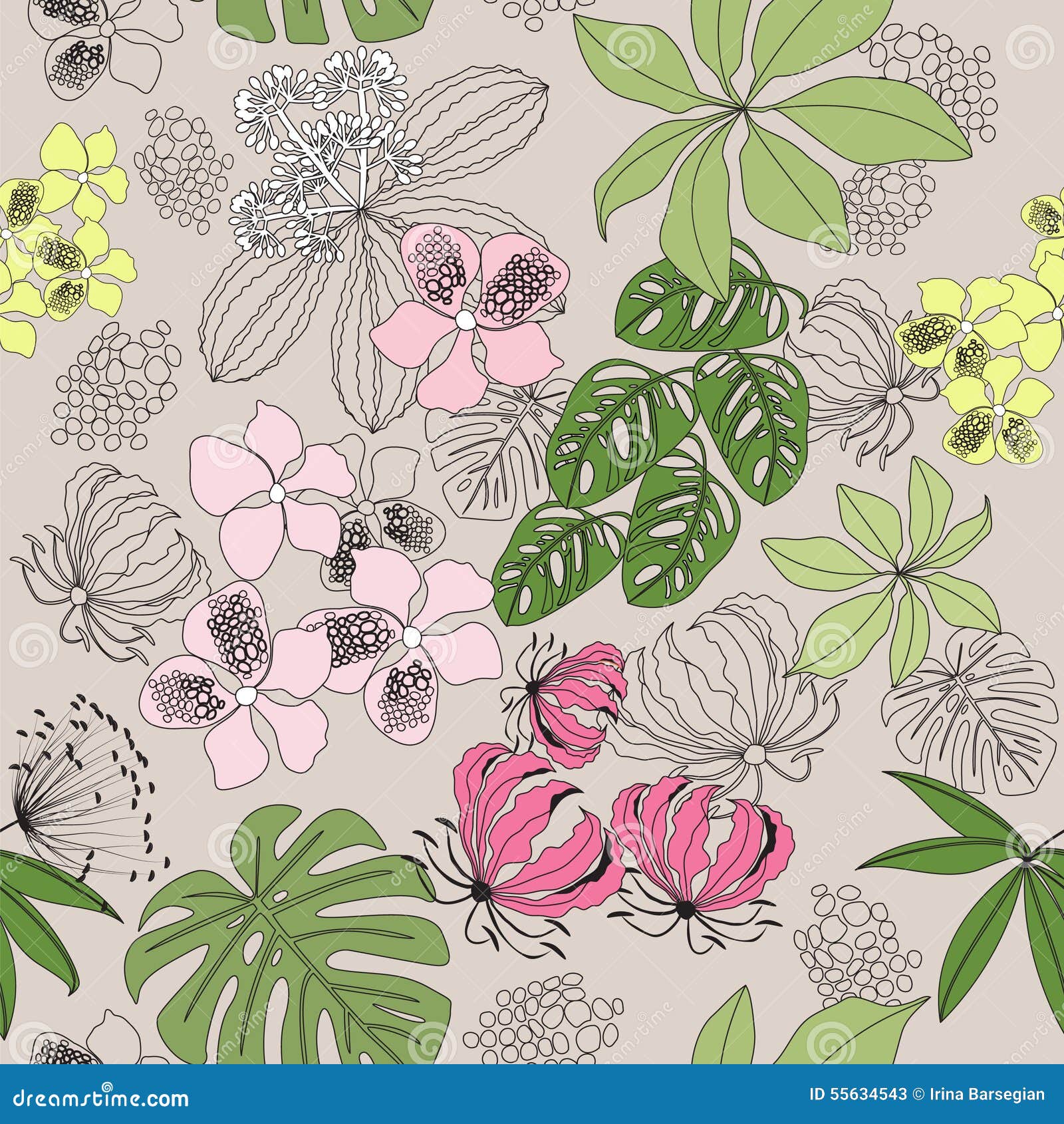 Seamless Pattern Colored Tropical Plants on Grey Background ...