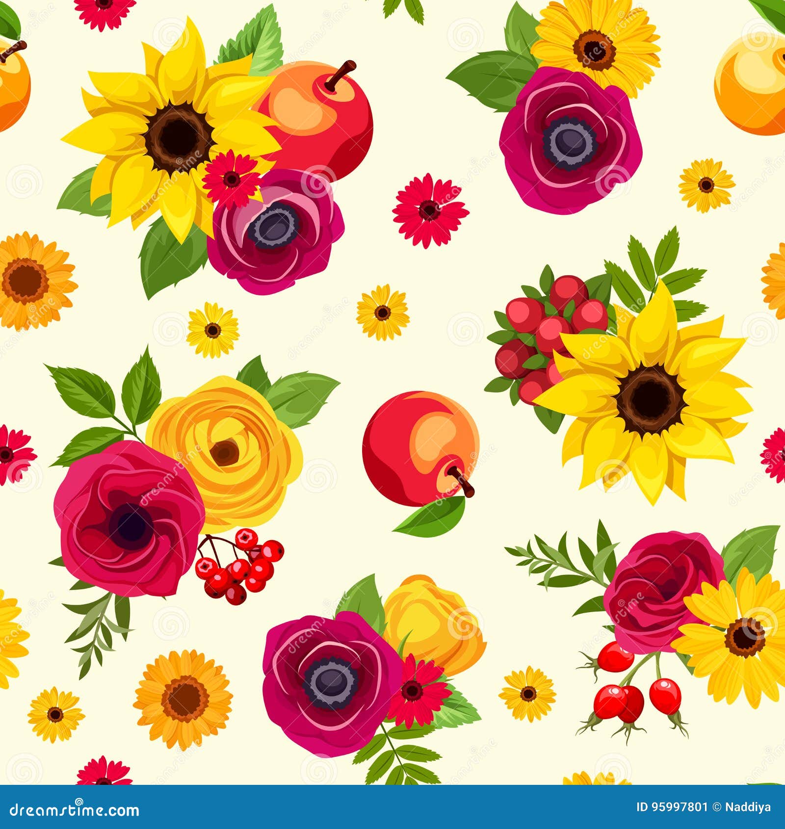 Seamless Pattern with Colorful Autumn Flowers. Vector Illustration ...
