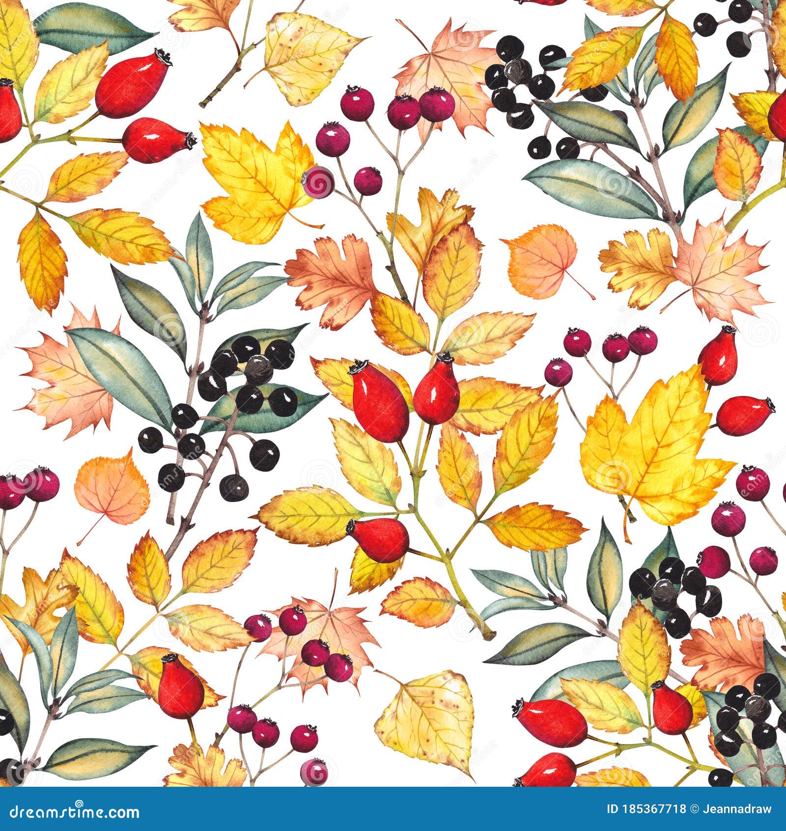 Seamless Pattern with Colorful Autumn Leaves and Berries. Stock ... Seamless Pattern with Colorful Autumn Leaves and Berries. Stock ...