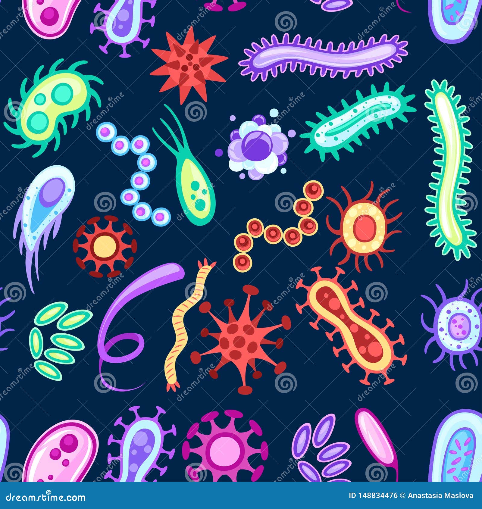 Seamless Pattern. Colorful Bacteria and Germs. Microorganisms on Dark ...