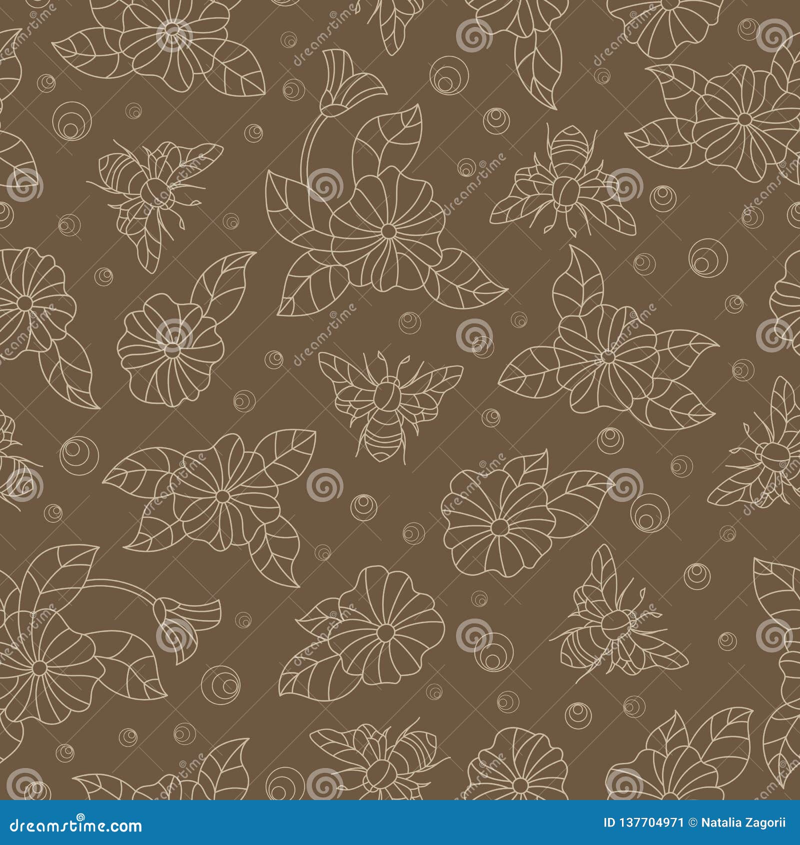Seamless Illustration with Colorful Bees and Flowers ,beige Outline on ...